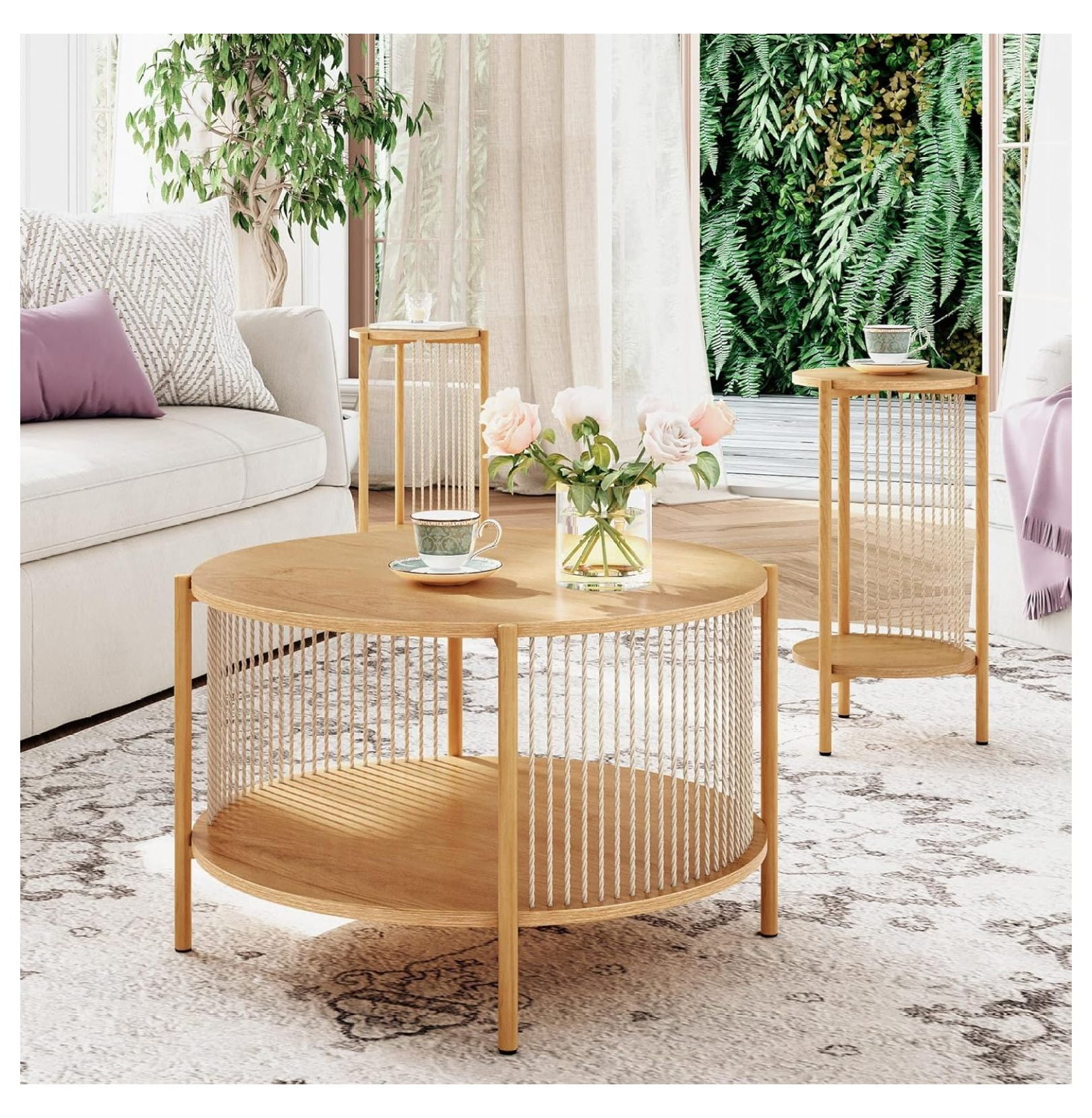 Natural Fiber Rope Coffee Table Set of 3 for Living Room, Round Wooden ...