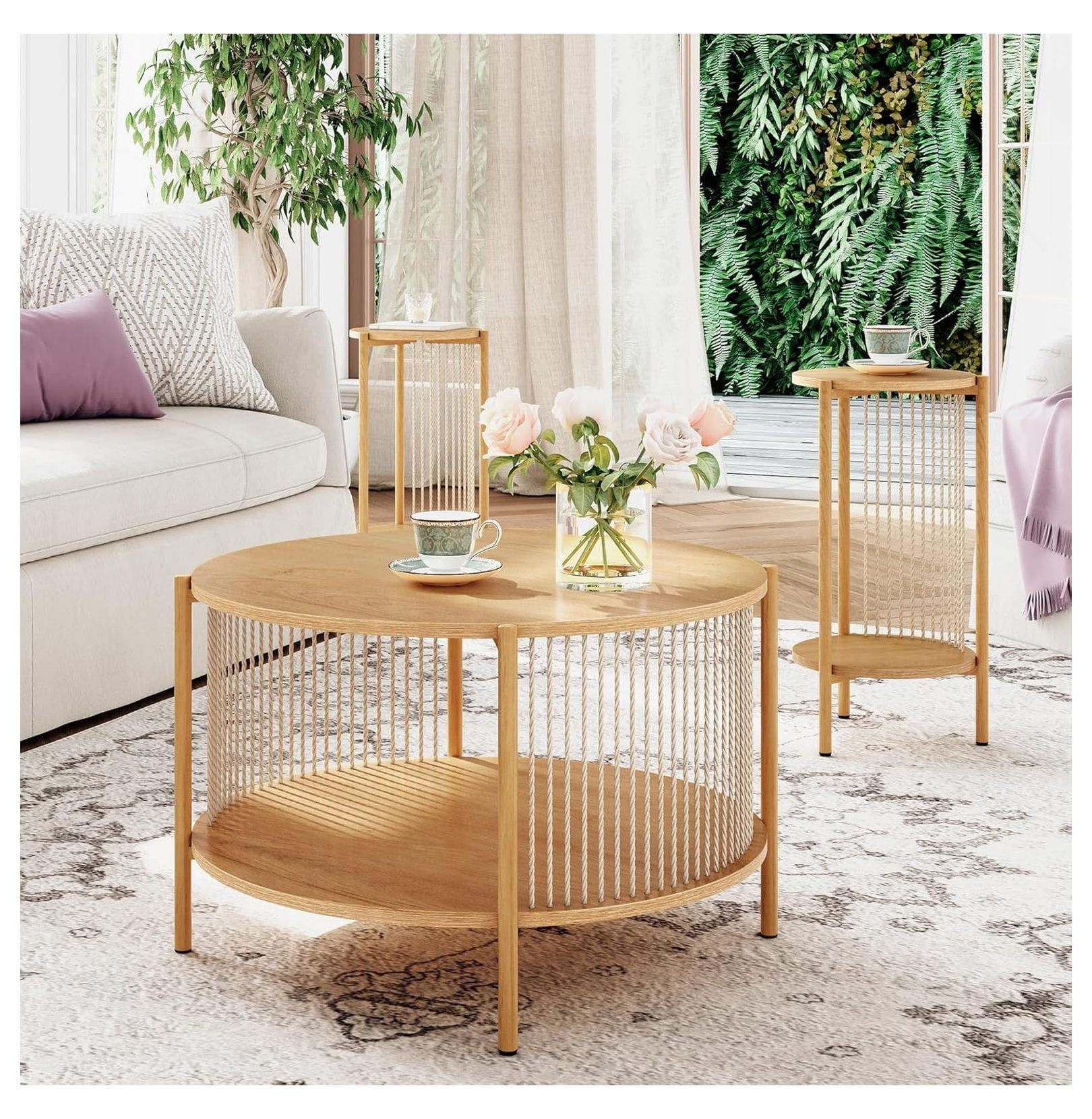 Natural Fiber Rope Coffee Table Set of 3 for Living Room, Round Wooden ...