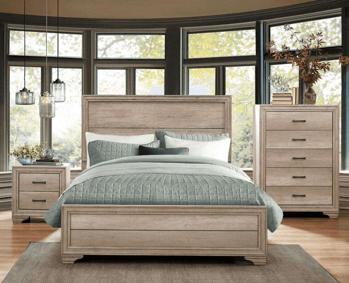Natural Finish California King Bed Set 3pc Panel Bed Chest Nightstand ...