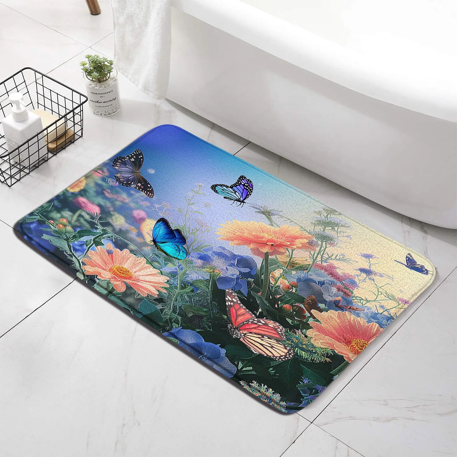 Natural Flowers Bath Mat Set Butterfly Blue Hydrangea Pink Floral ...