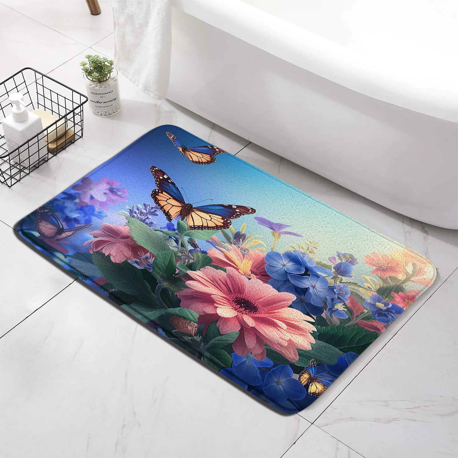 Natural Flowers Bath Mat Set Butterfly Blue Hydrangea Pink Floral ...
