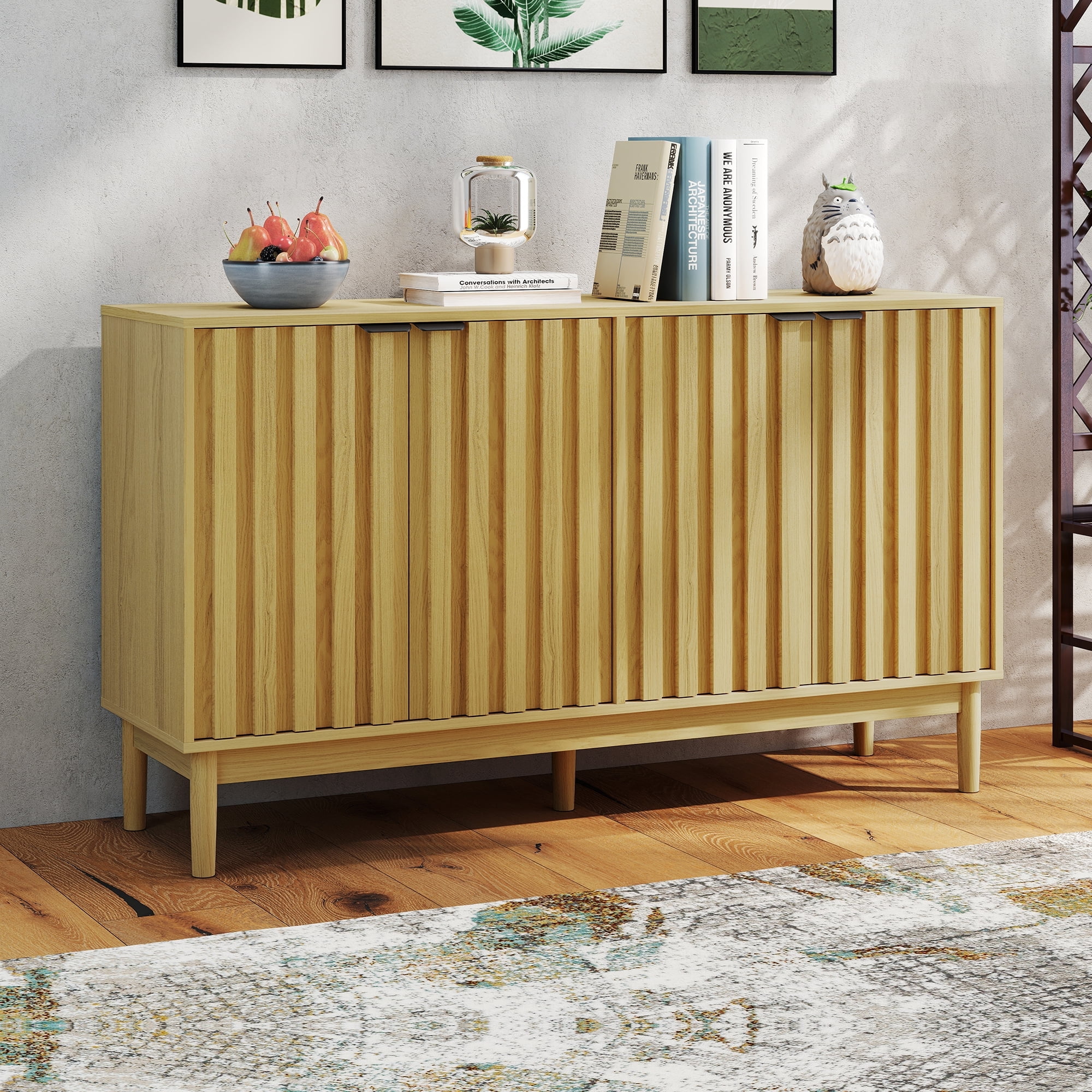 Natural Fluted Storage Cabinet with Doors, Buffet Sideboard ...