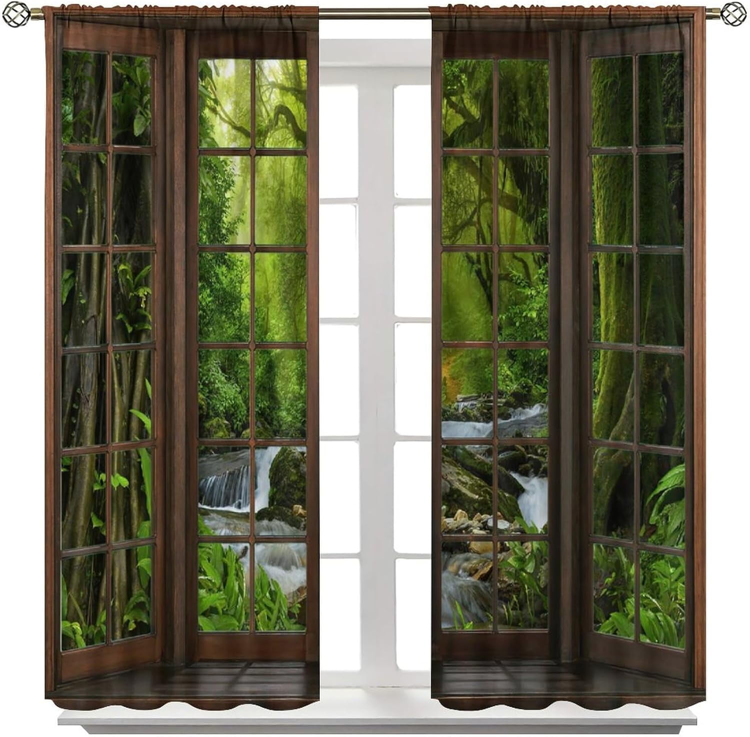Natural Forest Scenery Curtains, Beautiful Waterfalls Through Windows ...