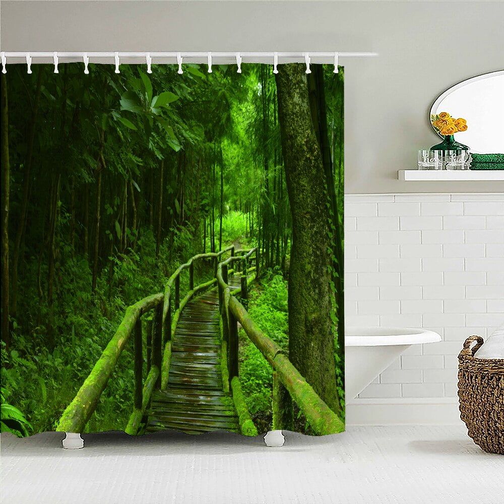 Natural Forest Waterfall Scenery Waterproof Shower Curtains Rainforest