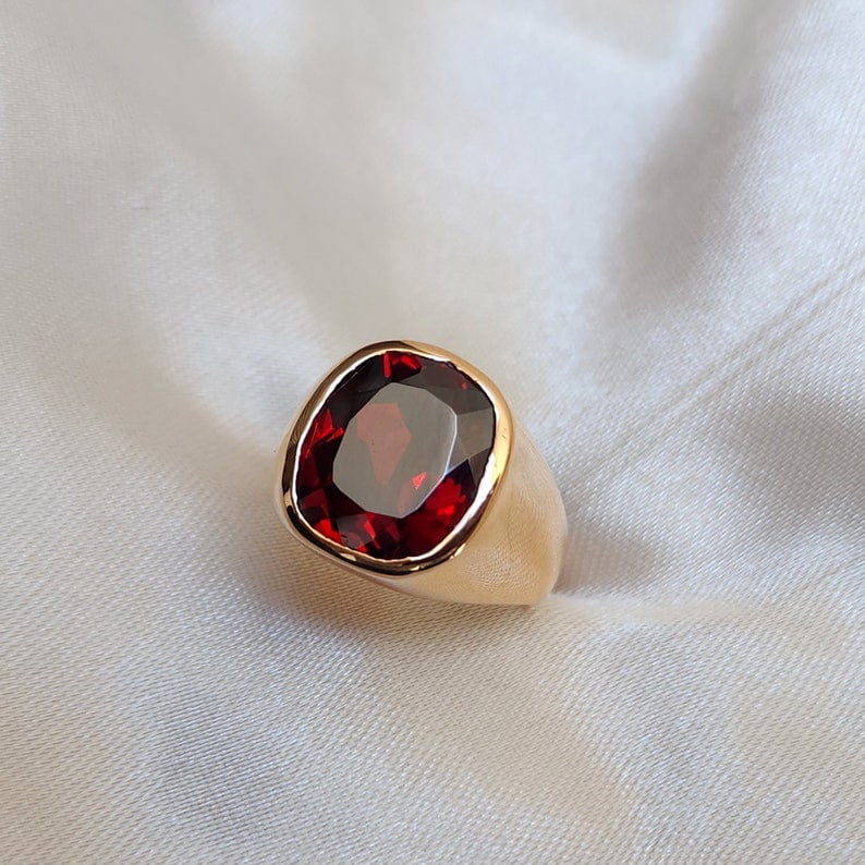 Natural Garnet Ring for Men in Solid 925 Sterling Silver Gold Plated ...