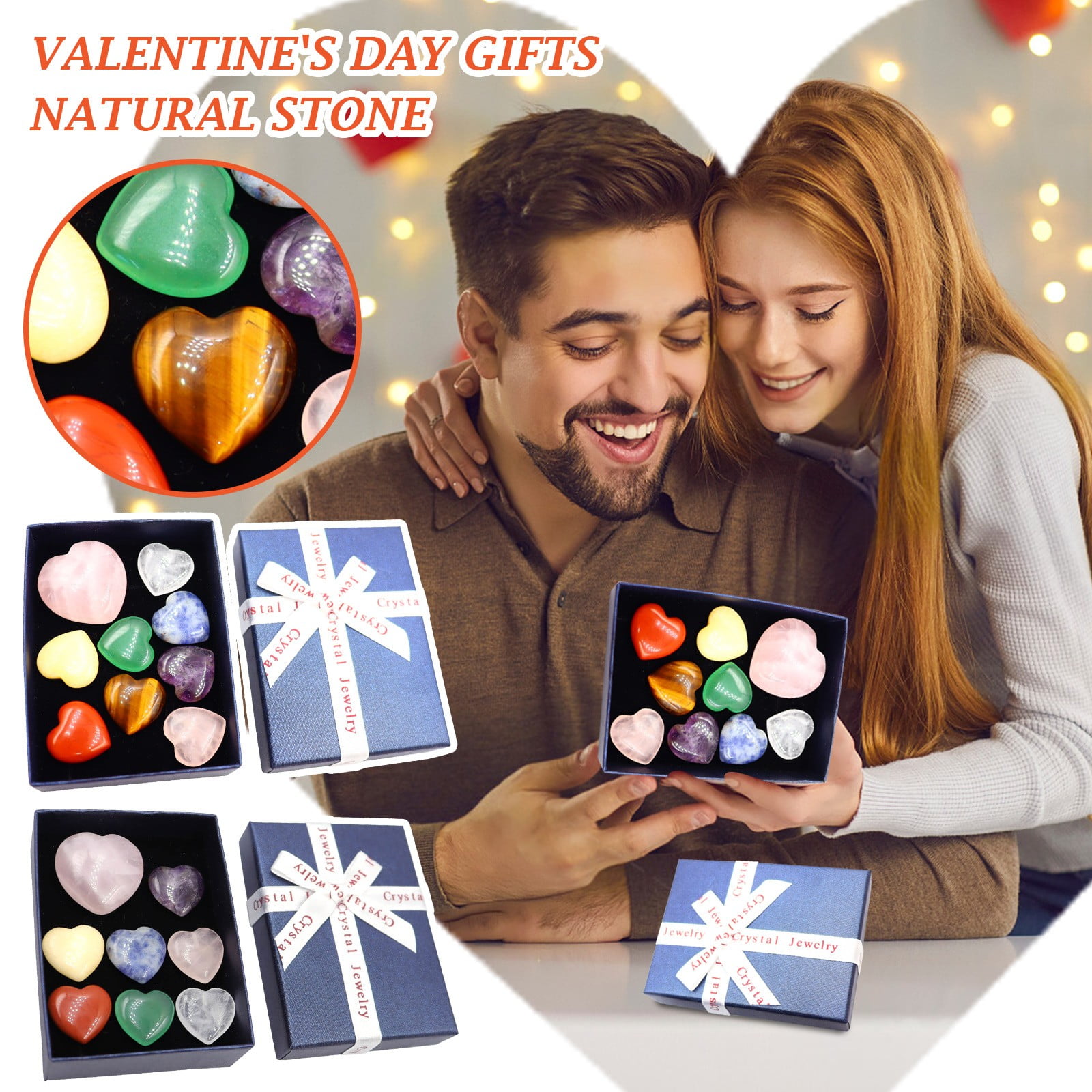 Natural Gemstone Heart-Shaped Healing Crystals Set 7 Chakra Stones with ...