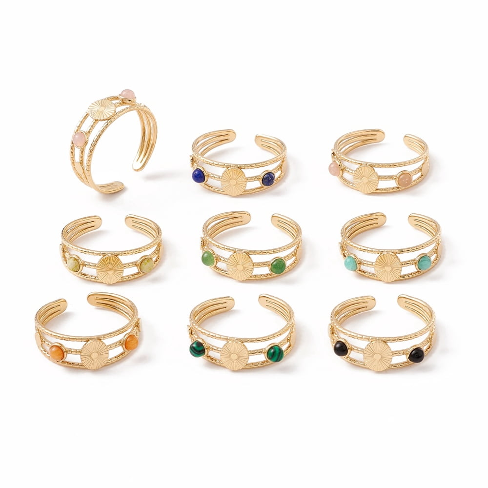 Natural Gemstone and Flat Round Open Cuff Ring Ion Plating(IP) 304 ...