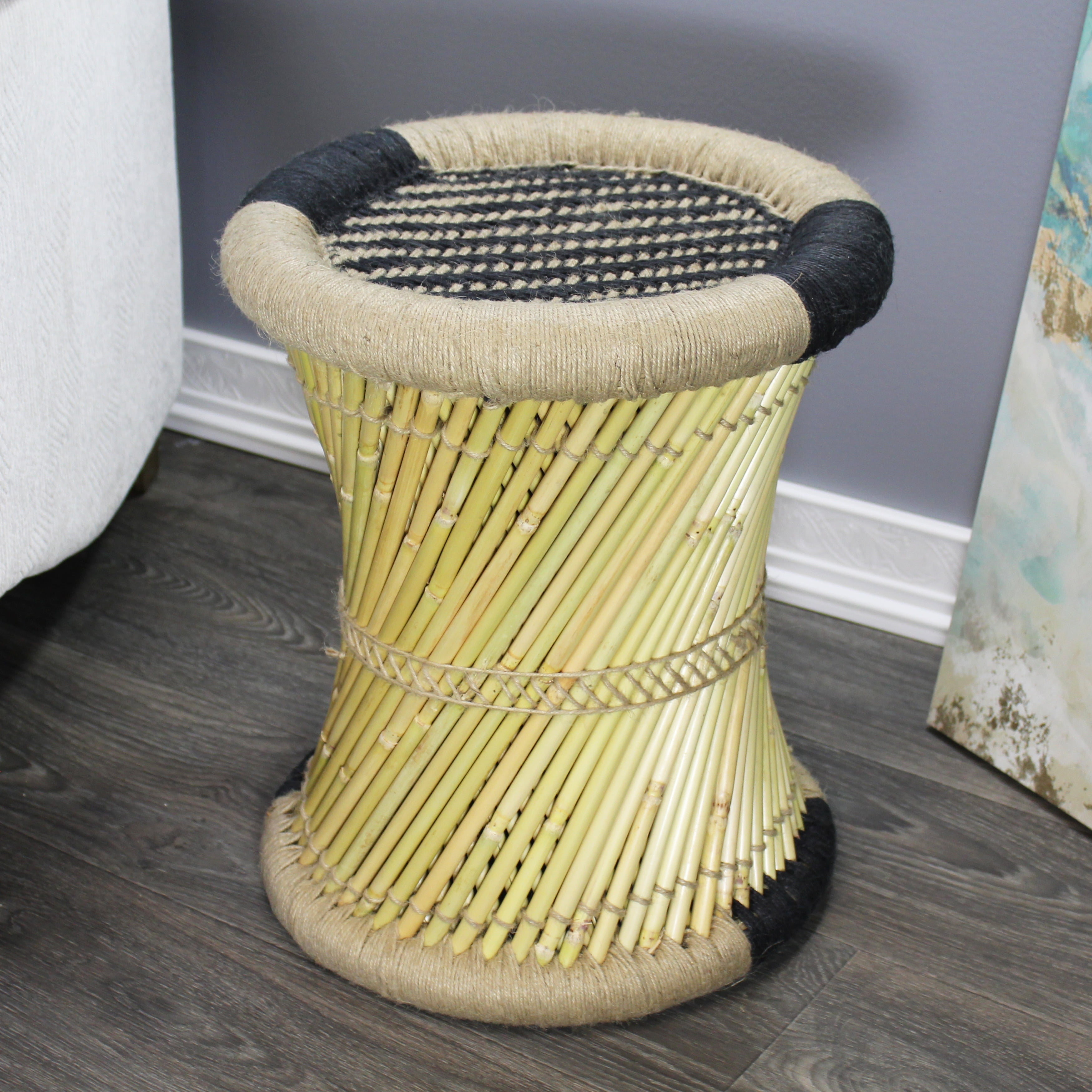 Natural Geo Moray Decorative Handwoven Jute Stool in Black Striped (Set ...