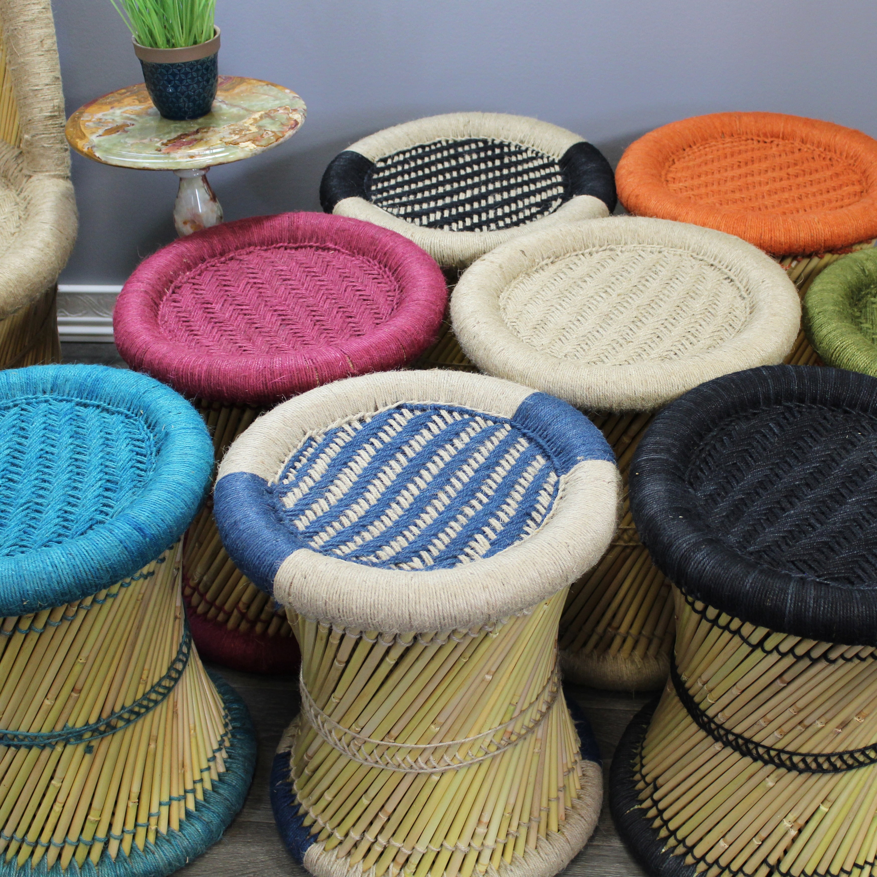 Natural Geo Moray Decorative Handwoven Jute Accent Stool Blue Diamond ...