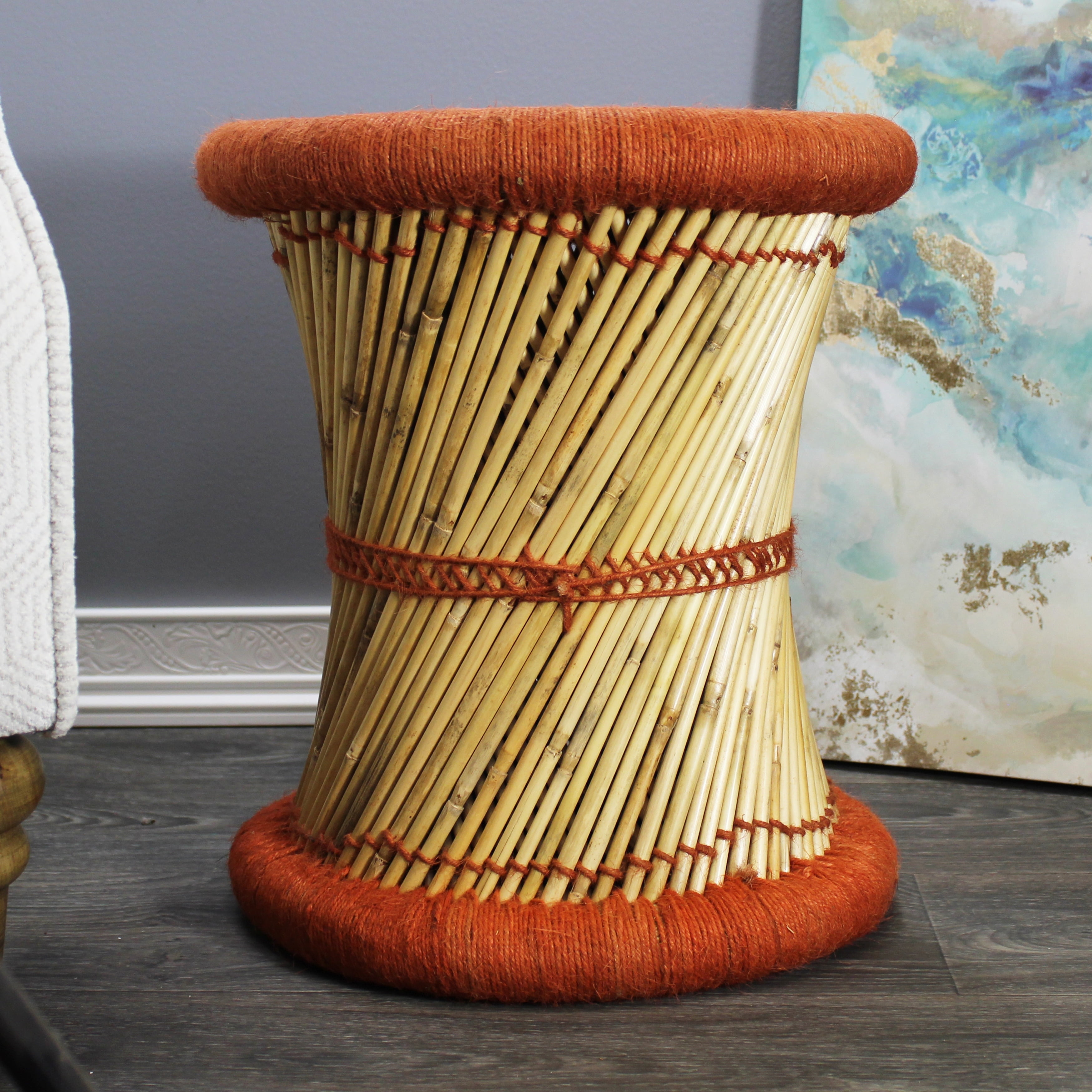 Natural Geo Moray Decorative Handwoven Jute Stool in Terracotta Orange ...