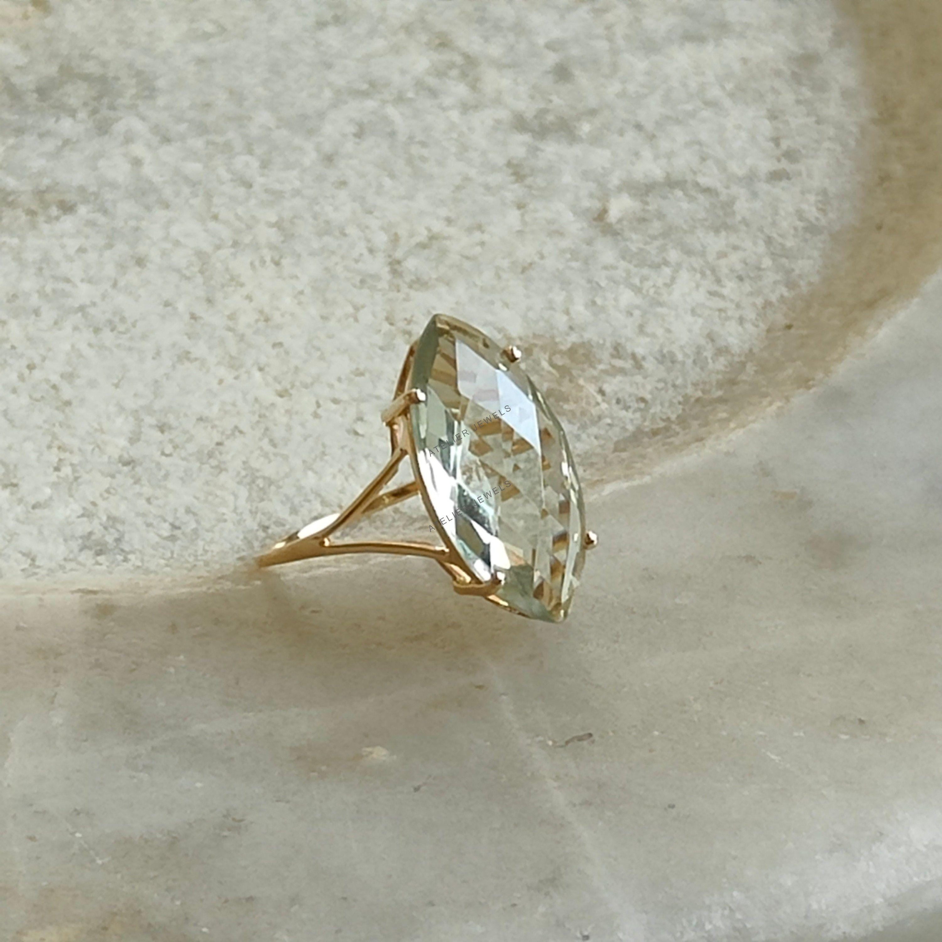 Natural Green Amethyst Ring: 14K Solid Yellow Gold Marquise Briolette ...
