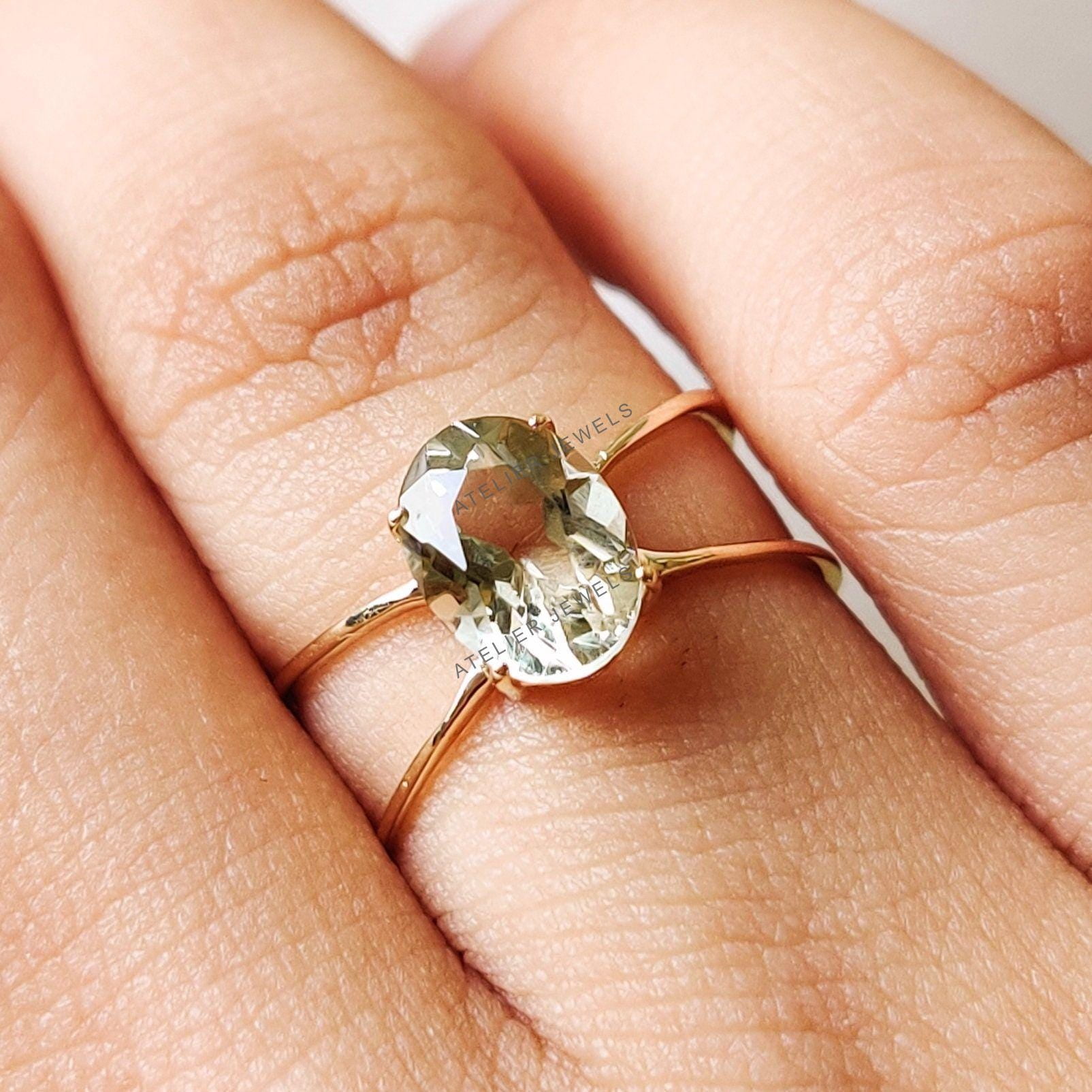 Natural Green Amethyst Ring, 14K Solid Yellow Gold Ring, February ...