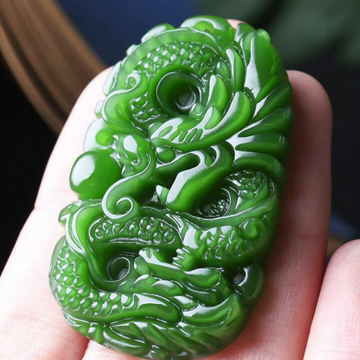 Natural Green Jade Dragon Necklace Pendant Fashion Hand-Carved Lucky ...