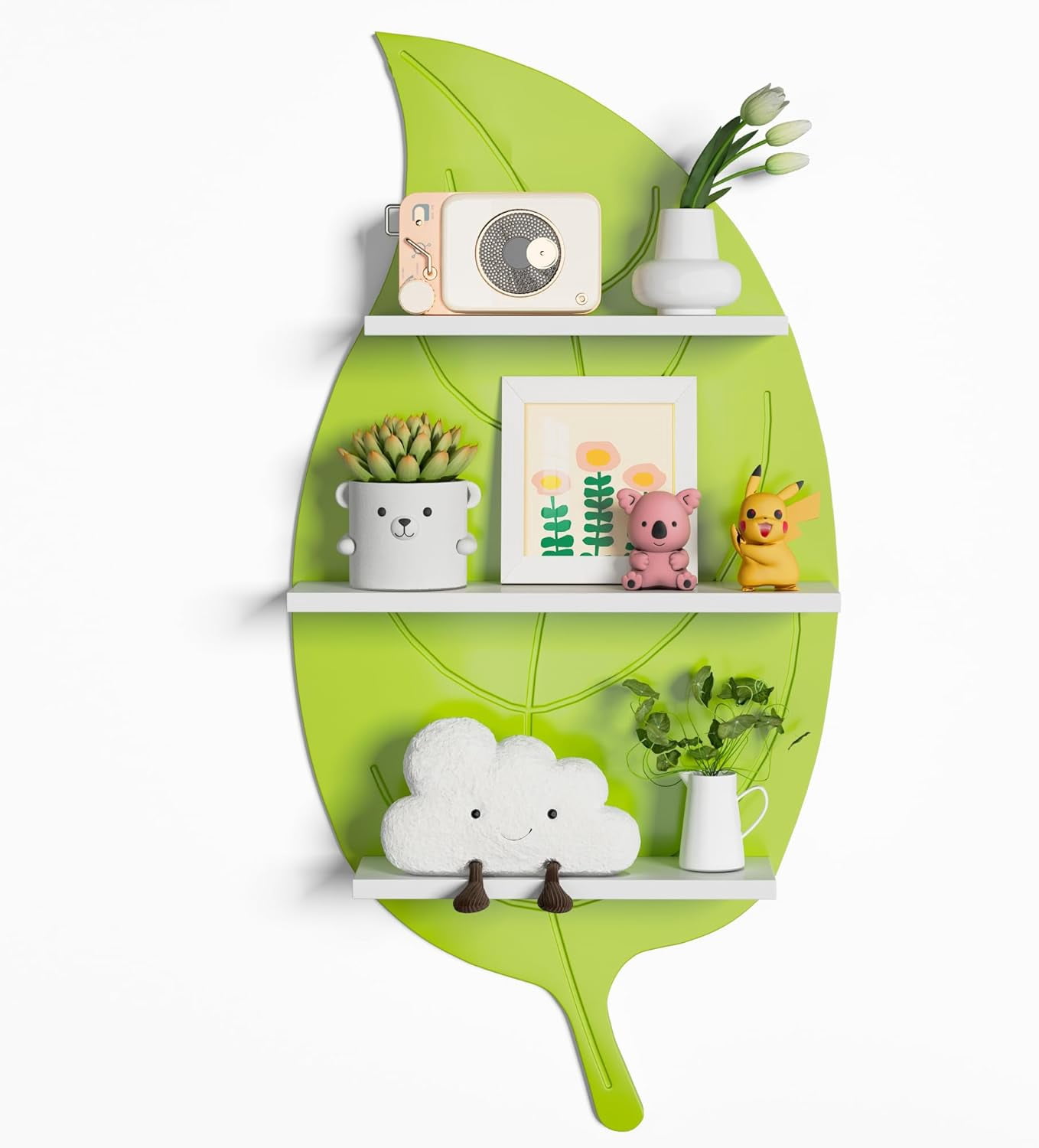 Natural Green Leaf Shaped Floating Shelves Wall Mounted 3 Tier Plant ...