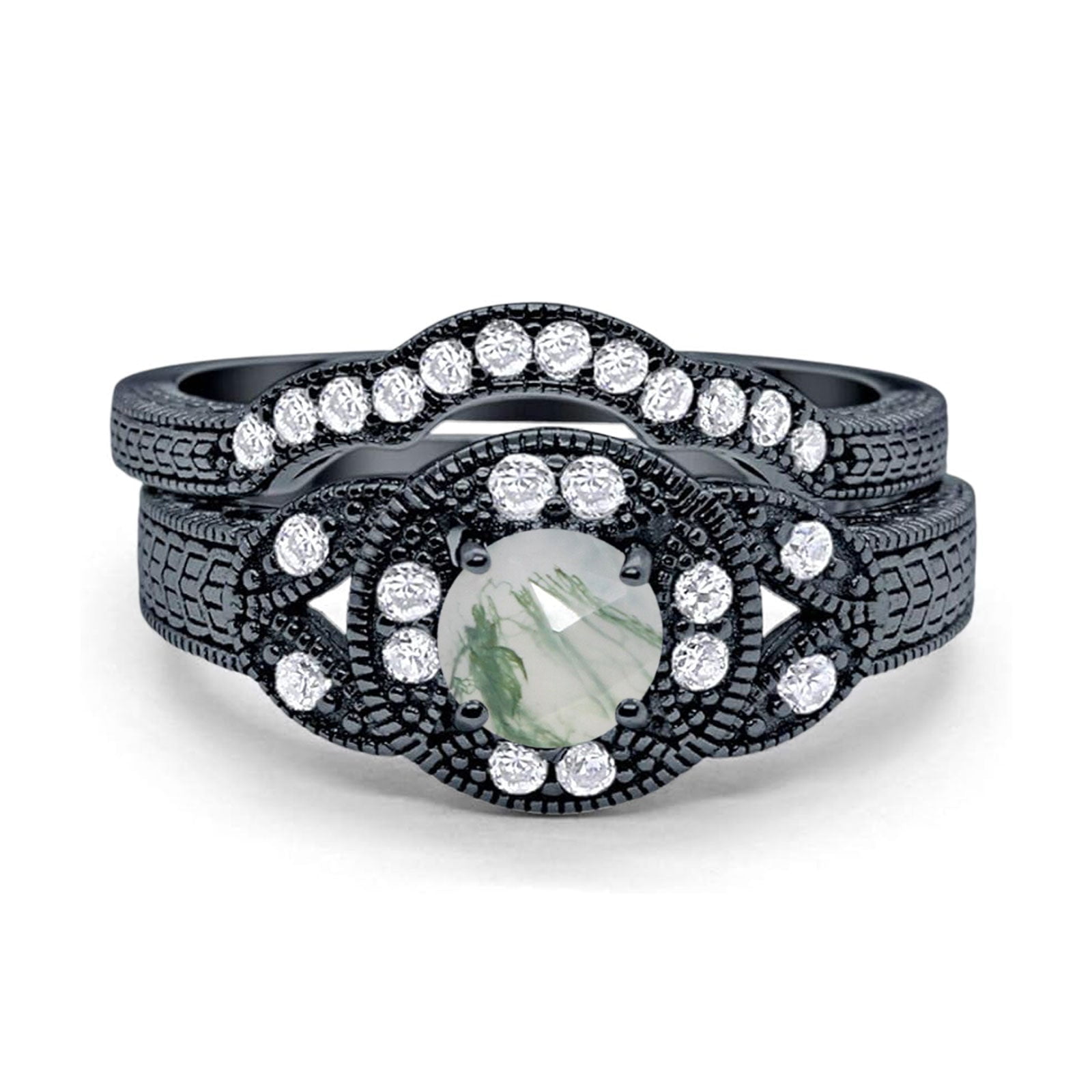 Natural Green Moss Agate Black Tone Silver Size-5 Two Piece Art Deco ...