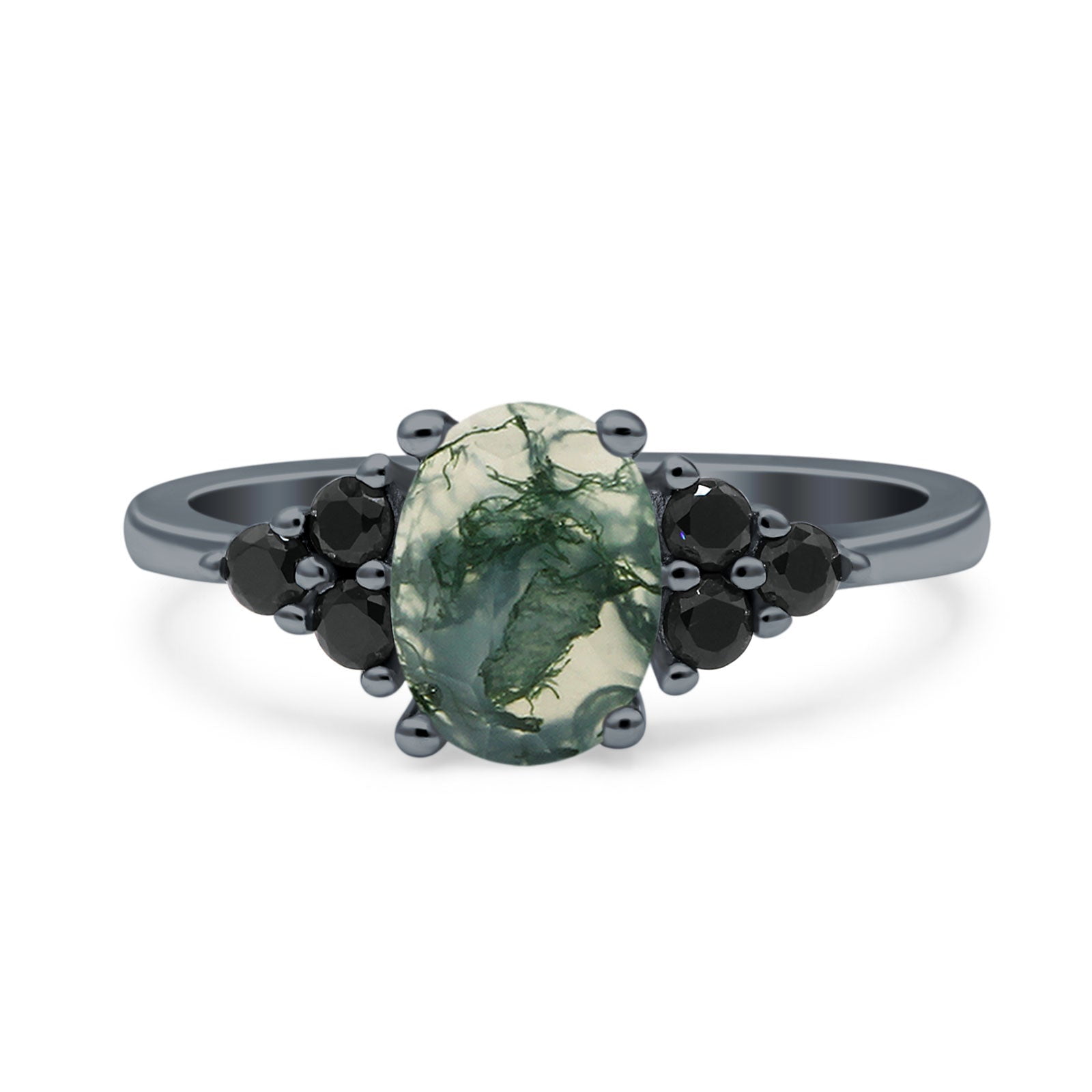 Natural Green Moss Agate Black Tone Silver Size-8 Art Deco Oval Vintage ...