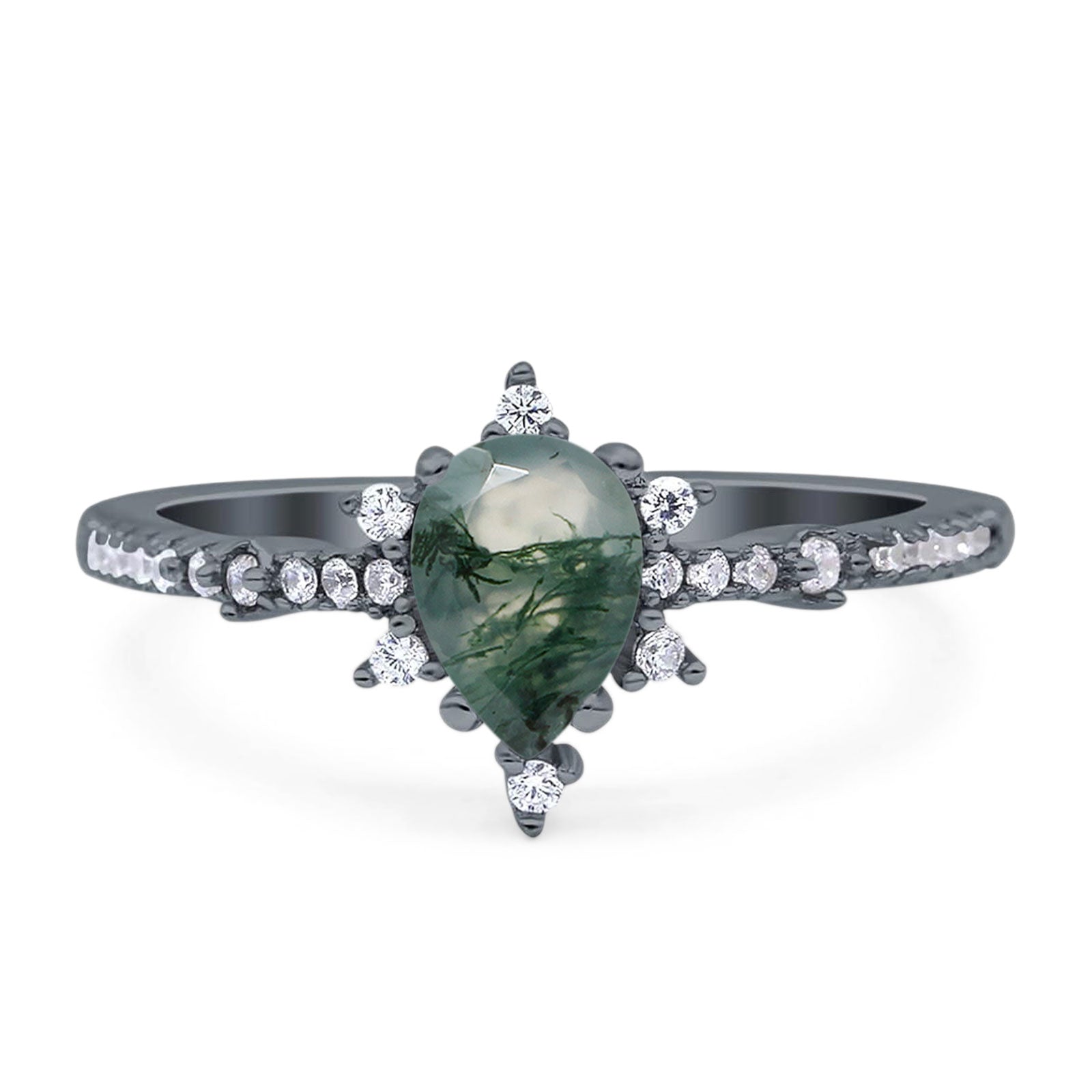 Natural Green Moss Agate Black Tone Silver Size-9 Art Deco Pear ...