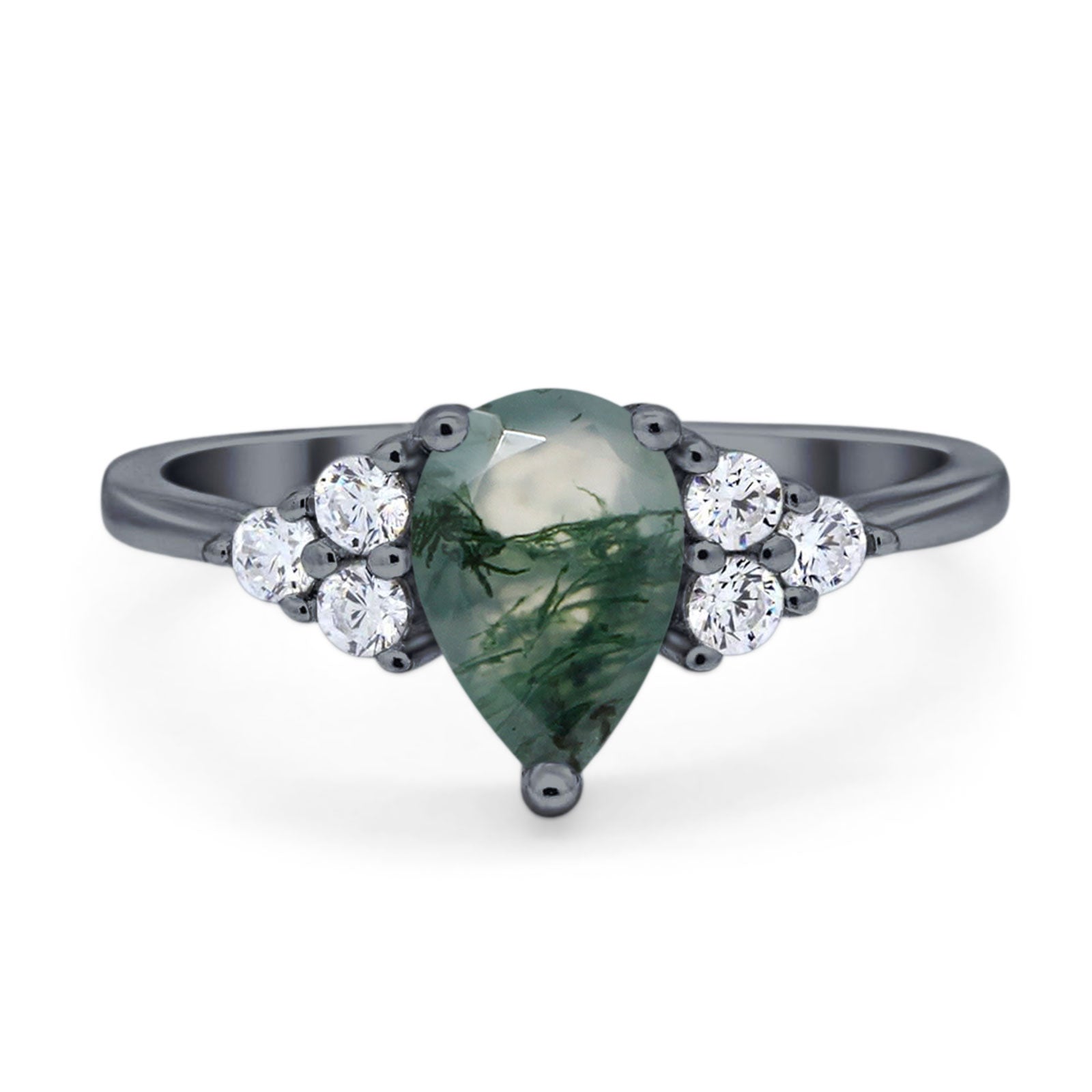 Natural Green Moss Agate Black Tone Silver Size-9 Art Deco Pear ...