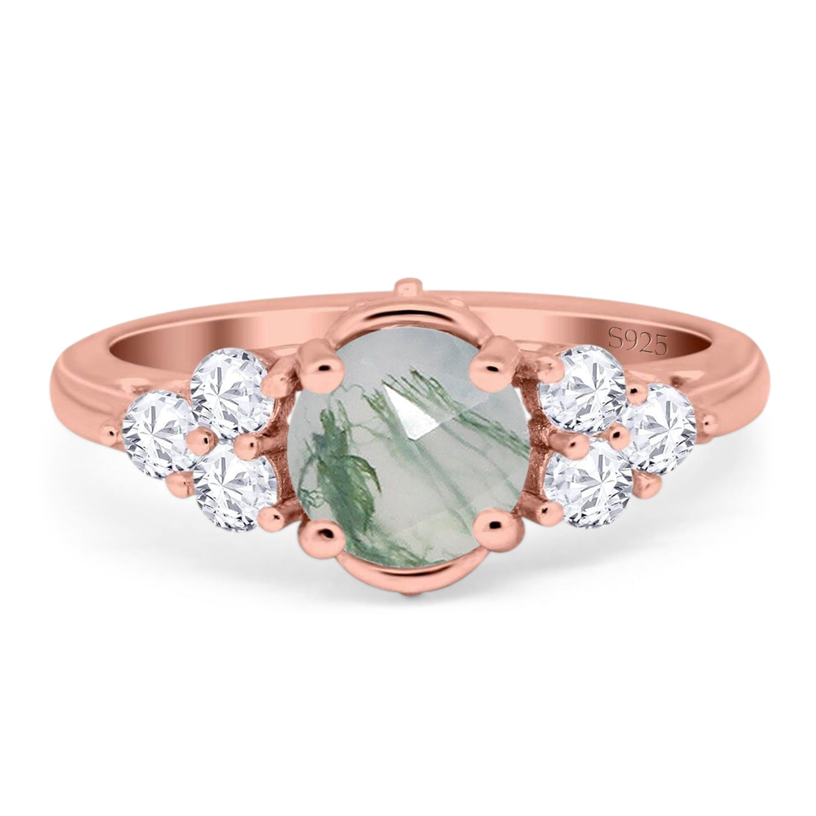 Natural Green Moss Agate Rose Tone Silver Size-10 Art Deco Round ...