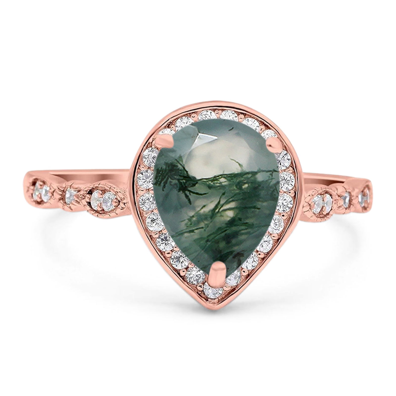Natural Green Moss Agate Rose Tone Silver Size-10 Pear Teardrop Vintage ...