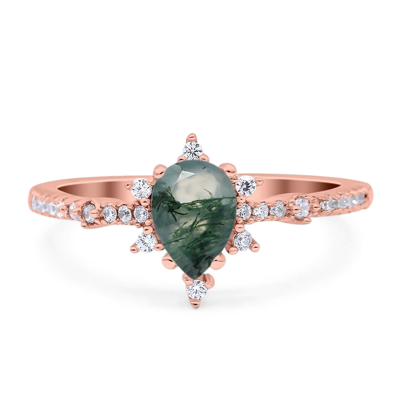 Natural Green Moss Agate Rose Tone Silver Size-6 Art Deco Pear Teardrop ...