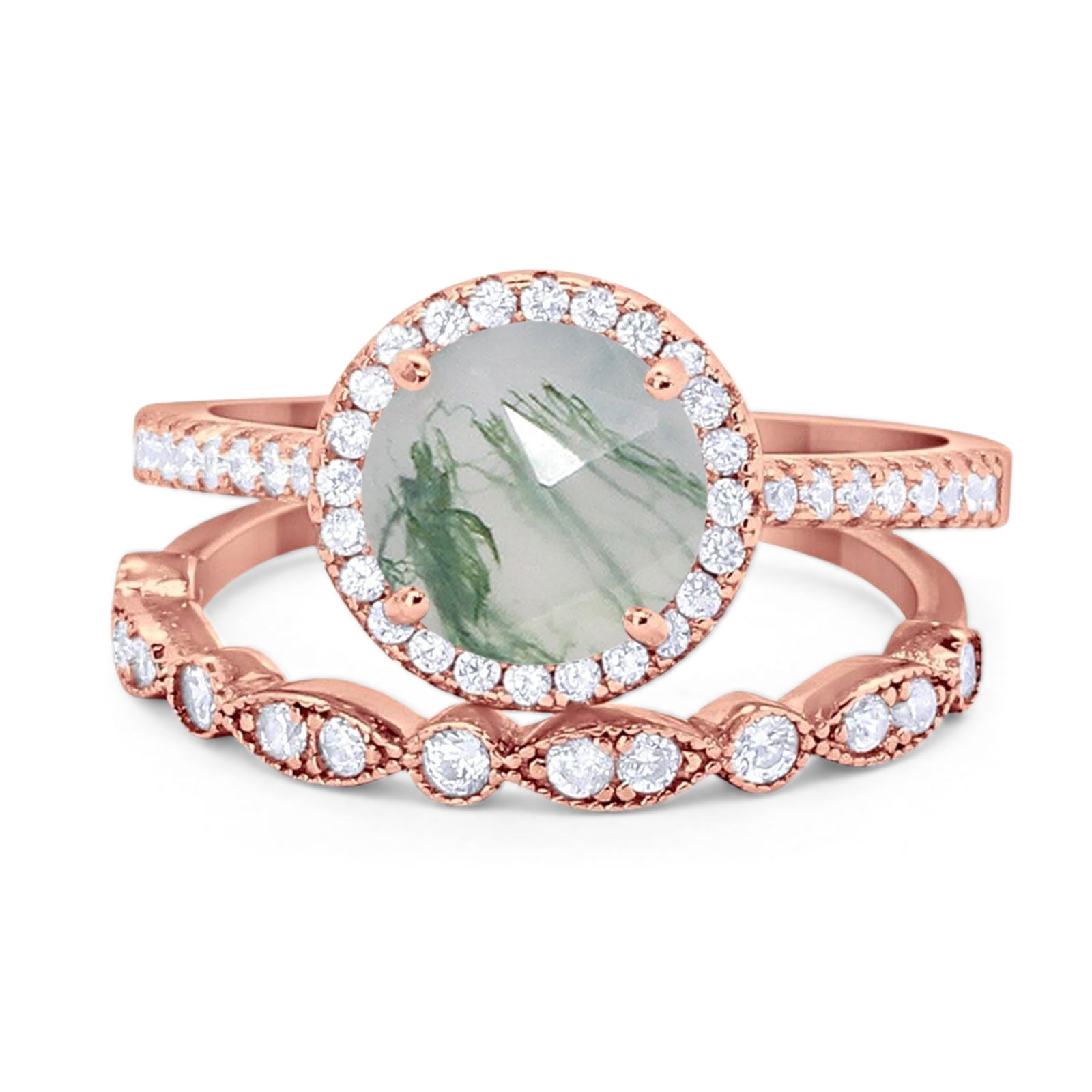 Natural Green Moss Agate Rose Tone Silver Size-6 Two Piece Round Half ...