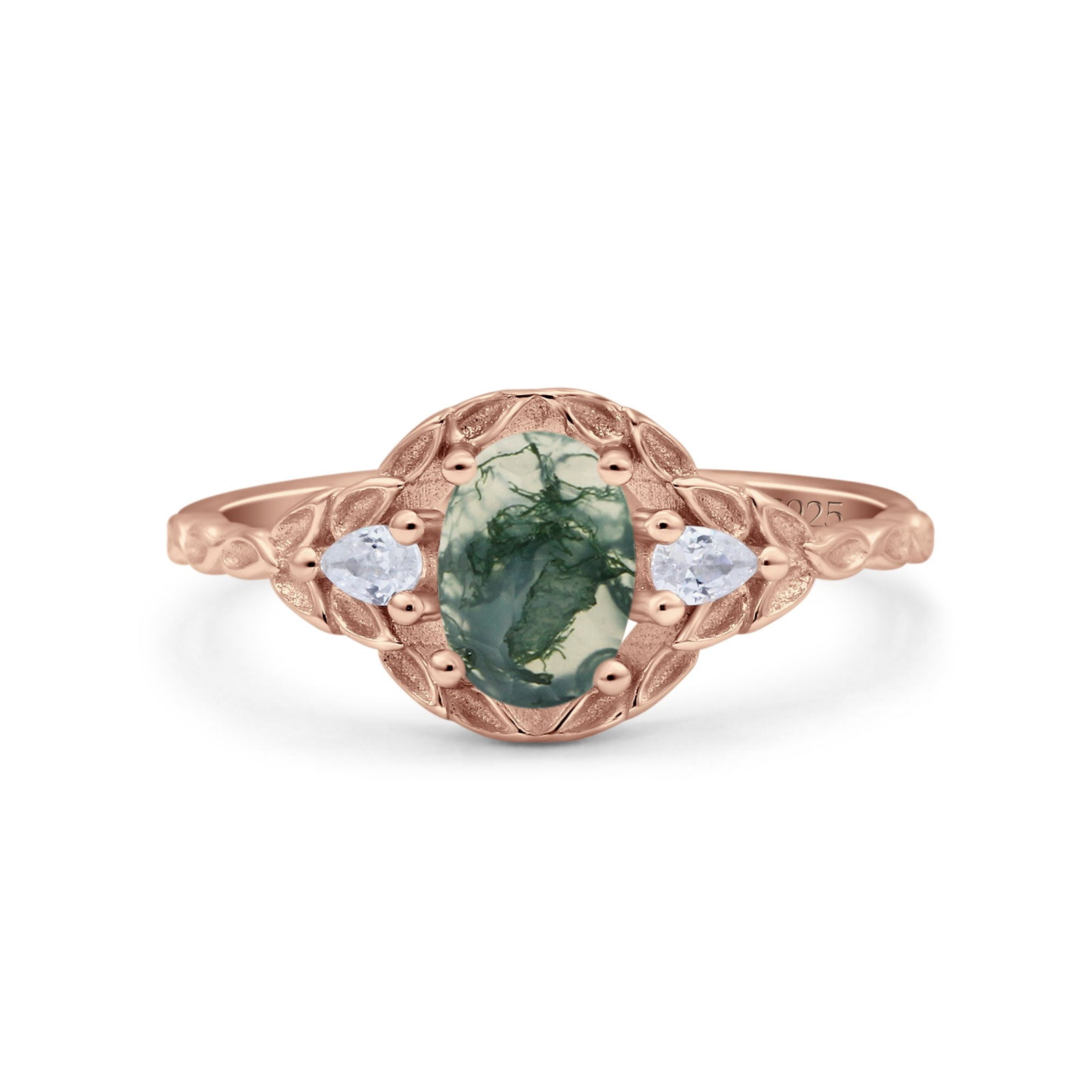 Natural Green Moss Agate Rose Tone Silver Size-7 Art Deco Oval Vintage ...