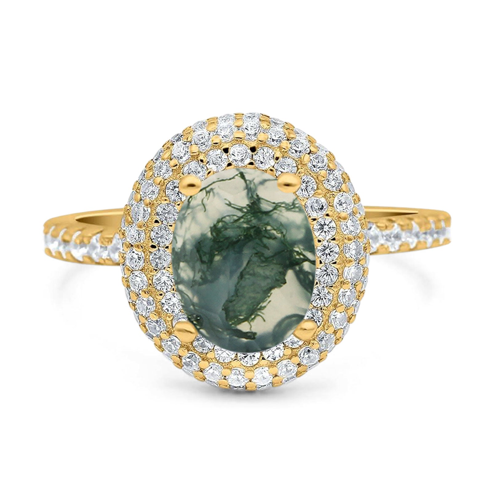 Natural Green Moss Agate Yellow Tone Silver Size-6 Art Deco Oval ...