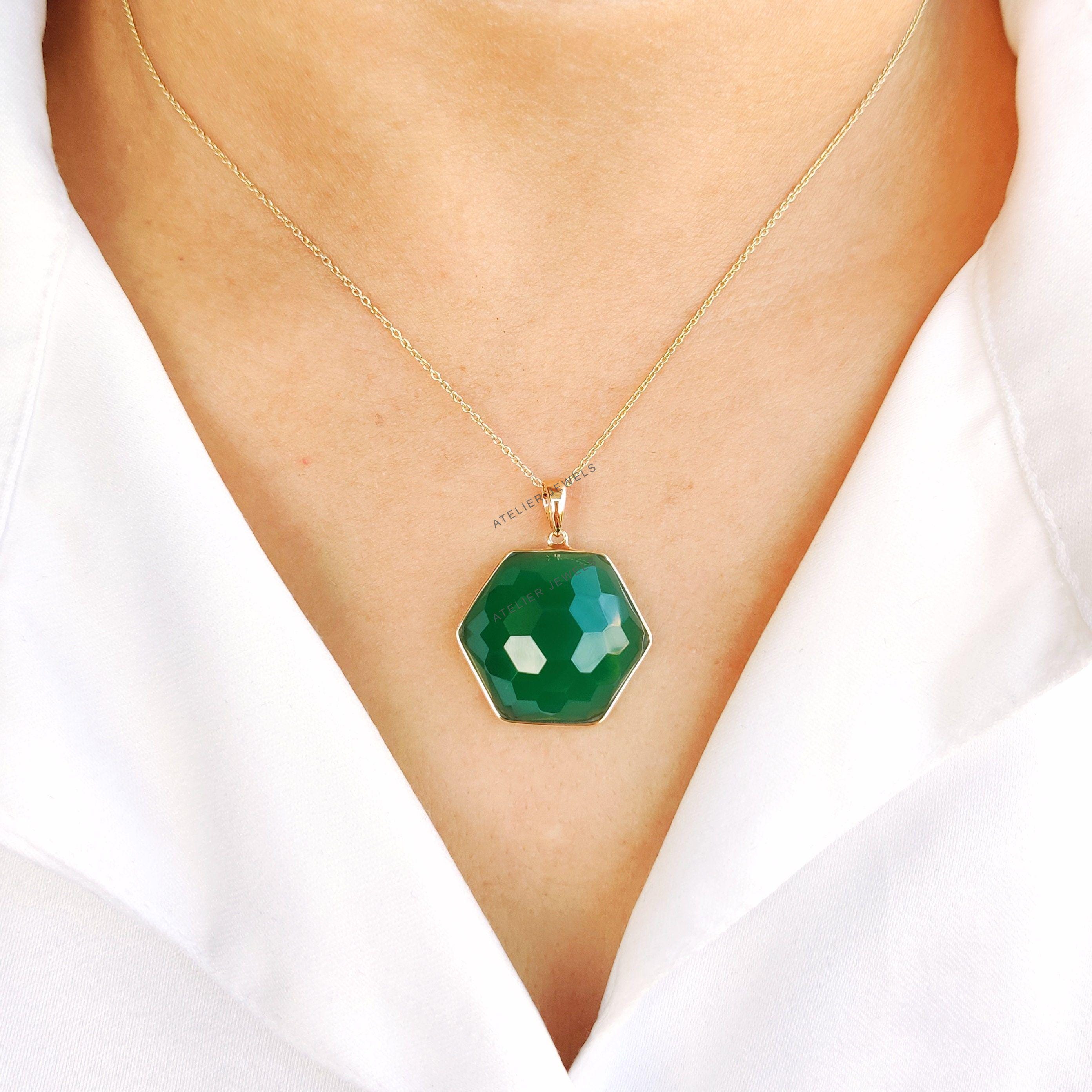 Natural Green Onyx Pendant, 14K Solid Yellow Gold Pendant, Onyx Bezel ...