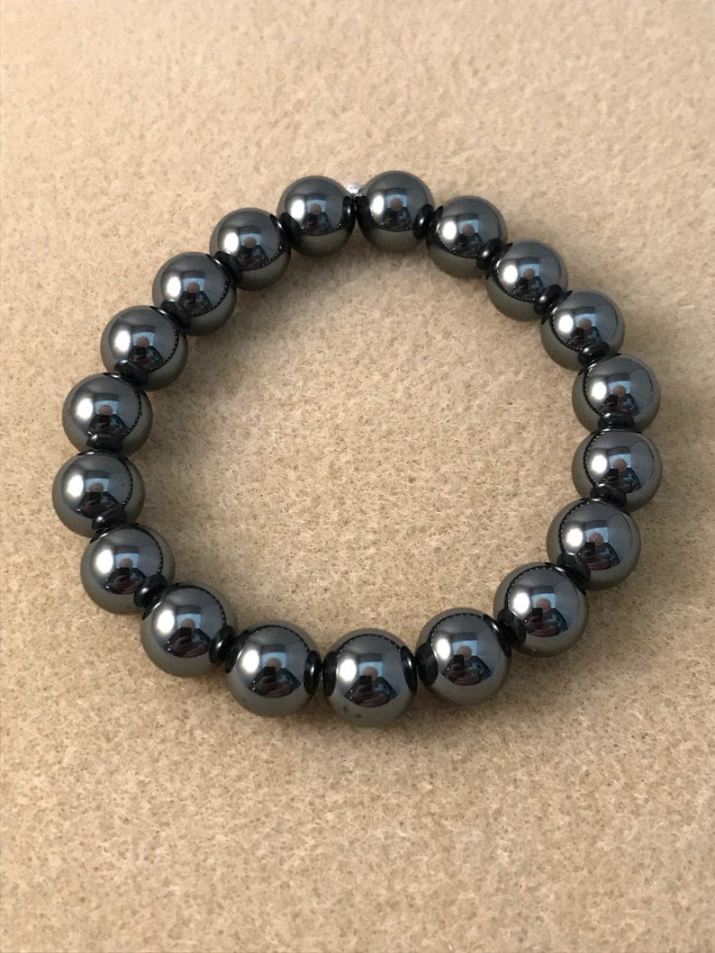 Natural Hematite 10mm Round Shape Smooth Cut Beads Stretchable Bracelet ...