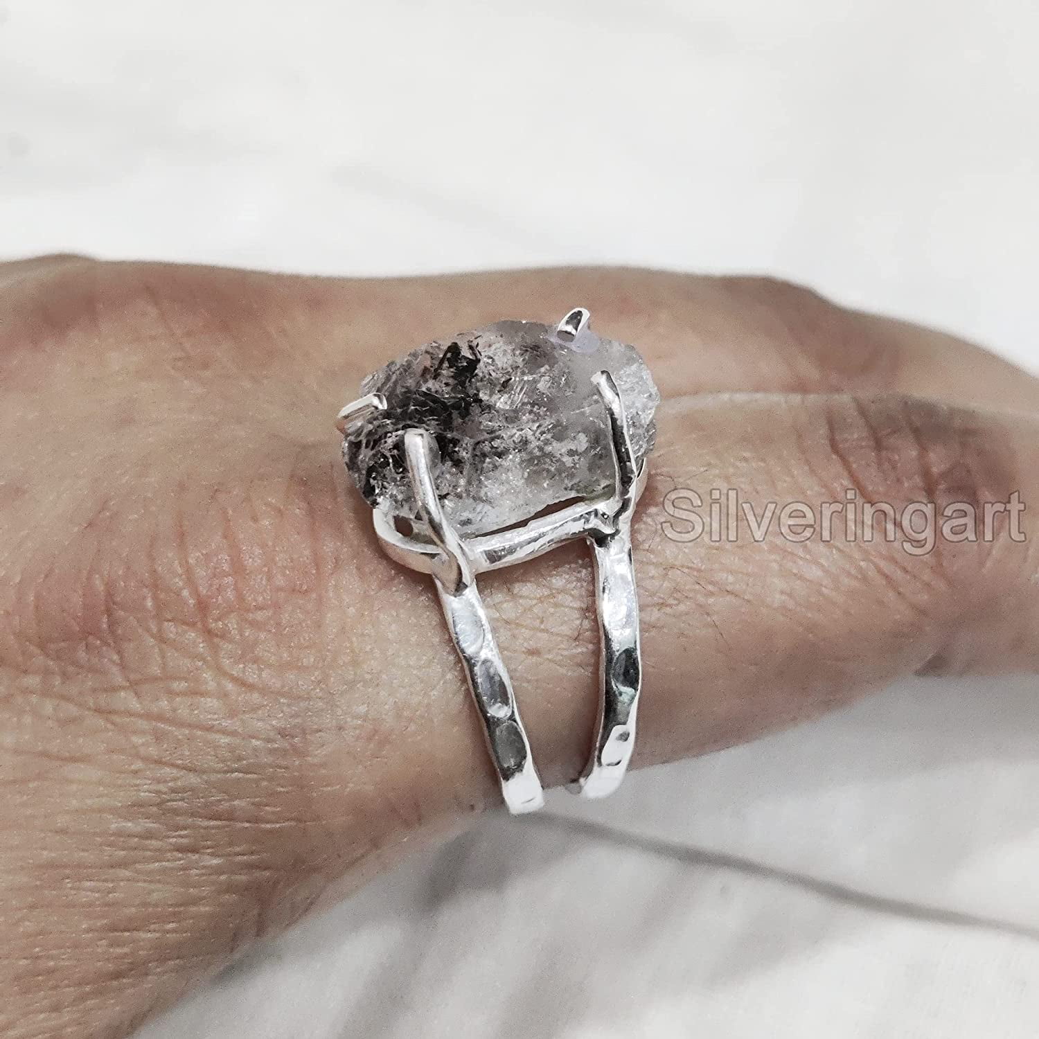 Natural Herkimer Diamond Ring, Rough Herkimer Diamond Ring, Birthstone, 2 Hammered Band, 925 ...