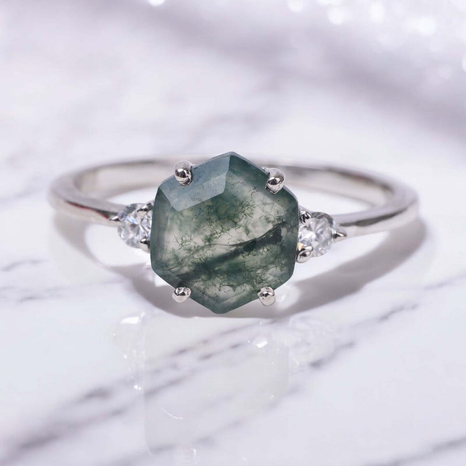 Natural Hexagon Moss agate Ring For women 925 Sterling Silver Green ...