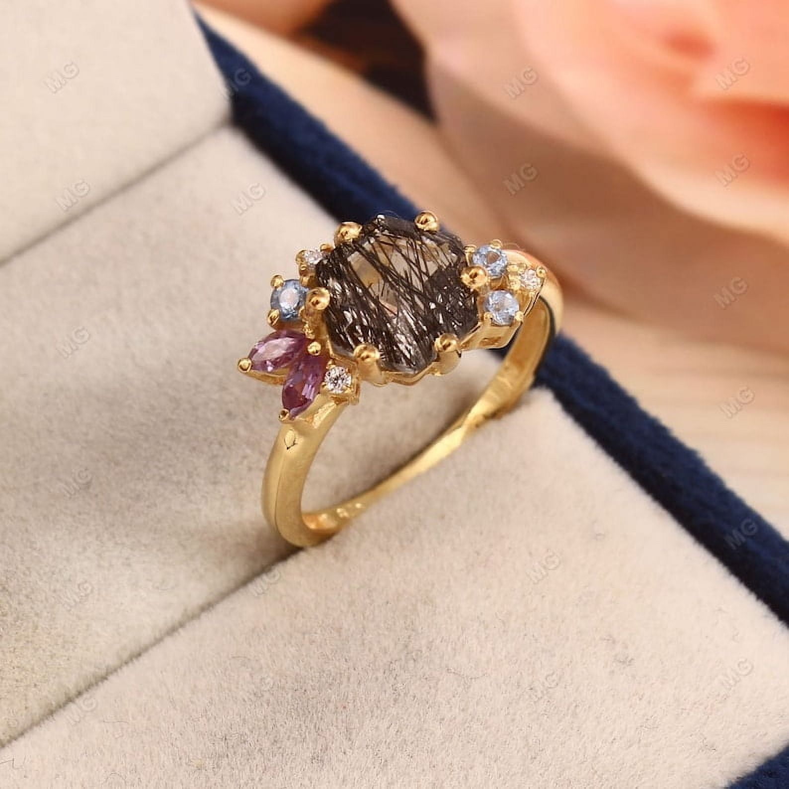 Natural Hexagon cut Black Rutile Quartz Gemstone Ring Black Diamond ...