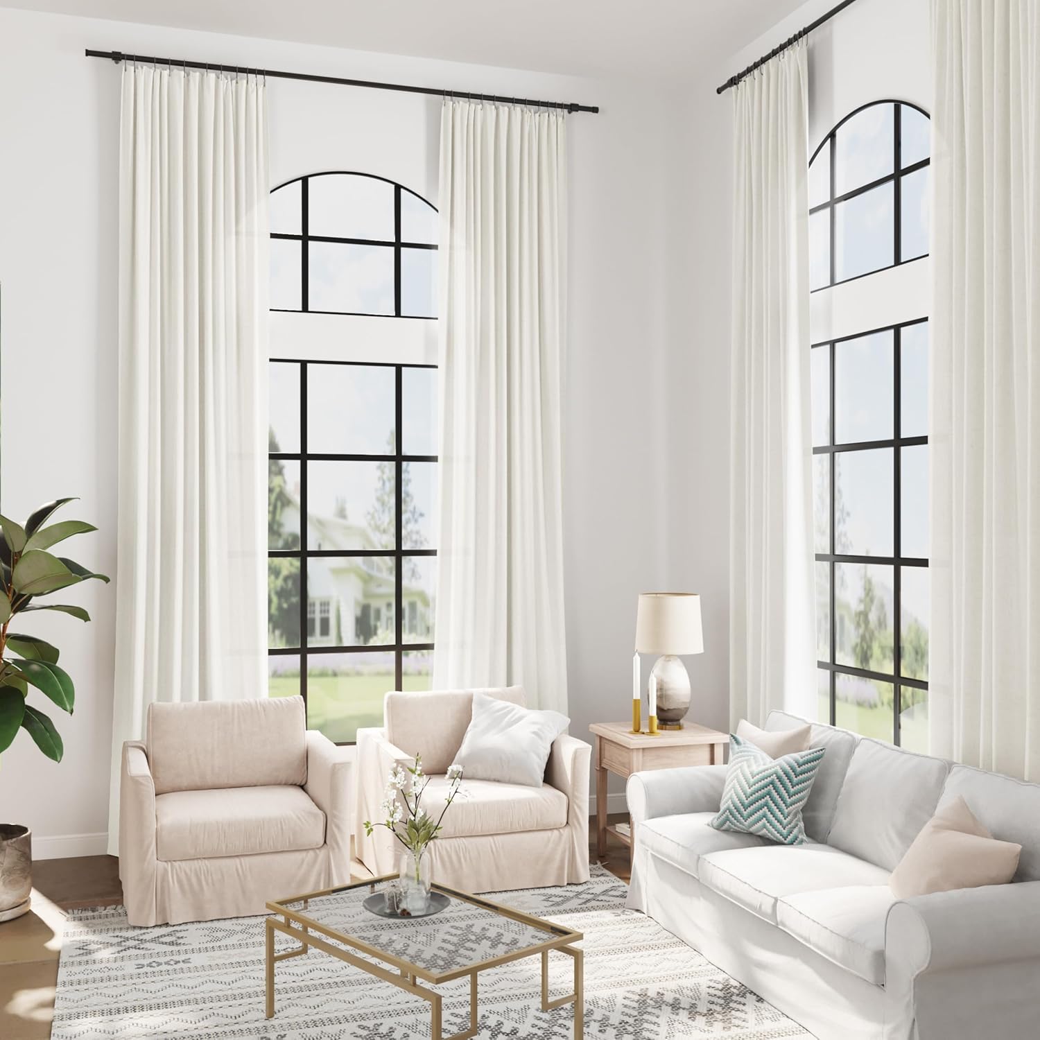 Natural Ivory 132 Inch Linen Curtains for High Living Room Bedroom Rod ...