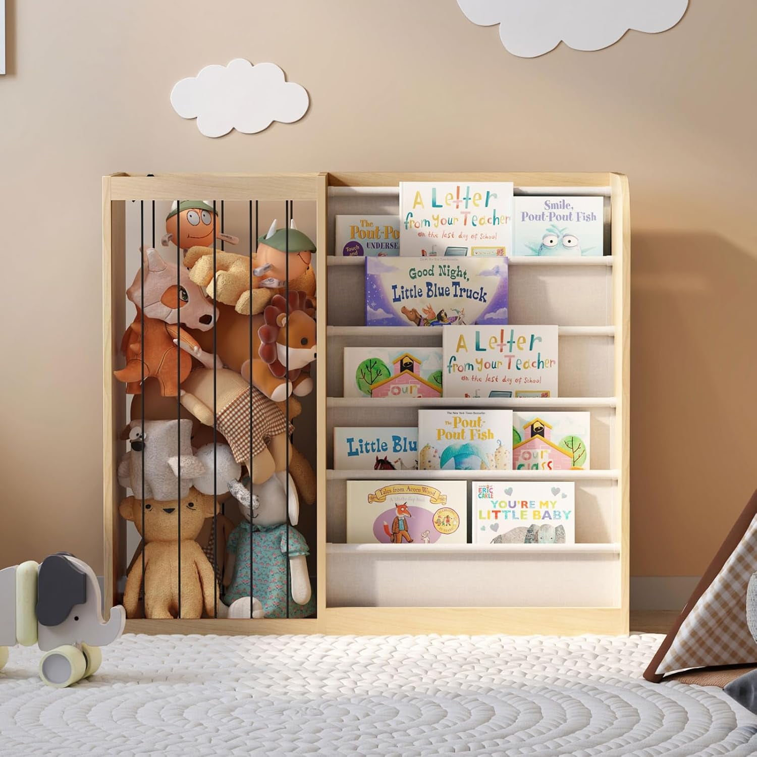 Natural Kids Bookshelf & Stuffed Animal Zoo Net Holder Plush Toy ...
