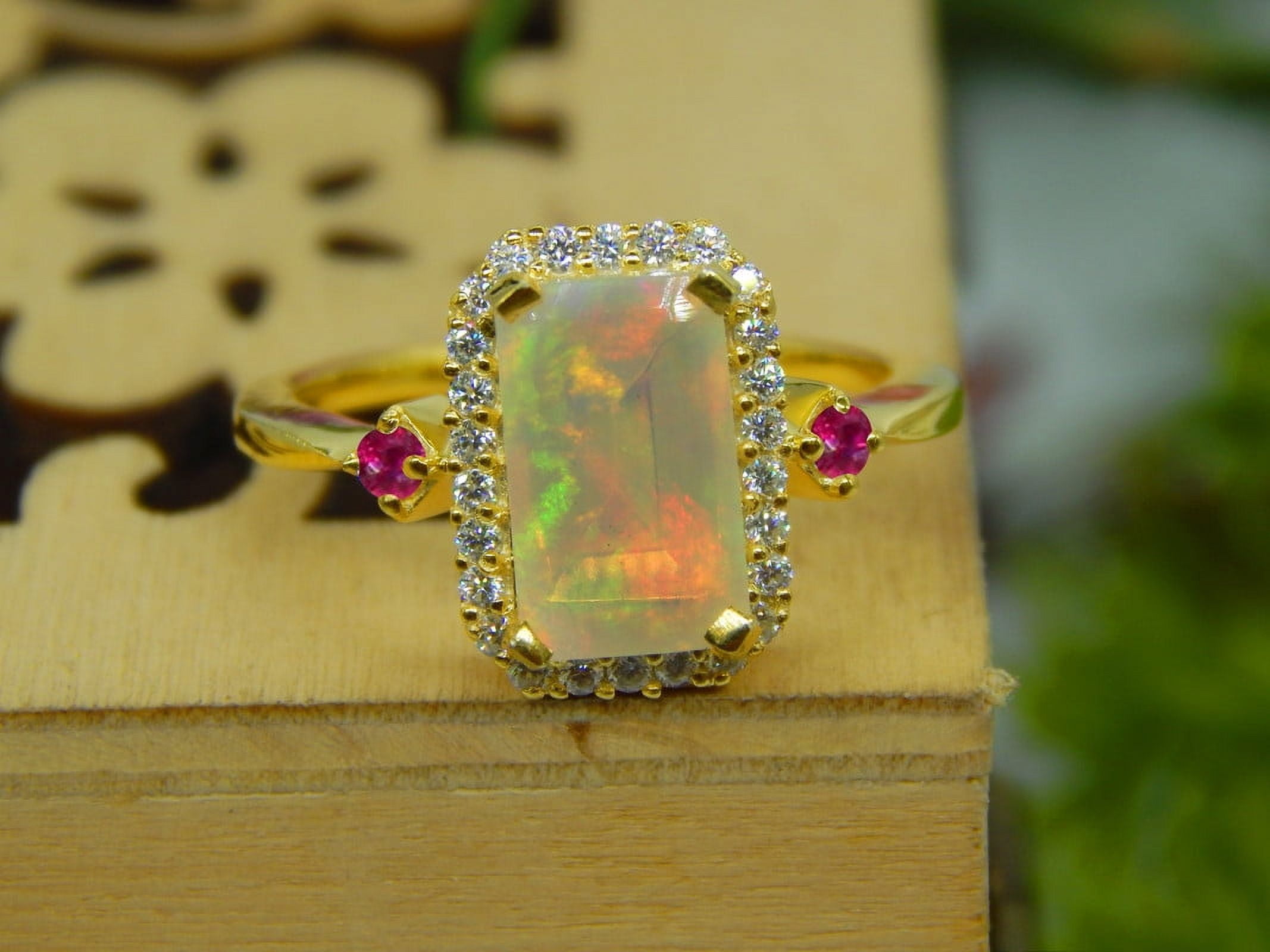 Natural Lab-Fire Opal And Ruby Gemstone Ring, 925 Sterling Silver ,14K White Gold Plated Fire ...