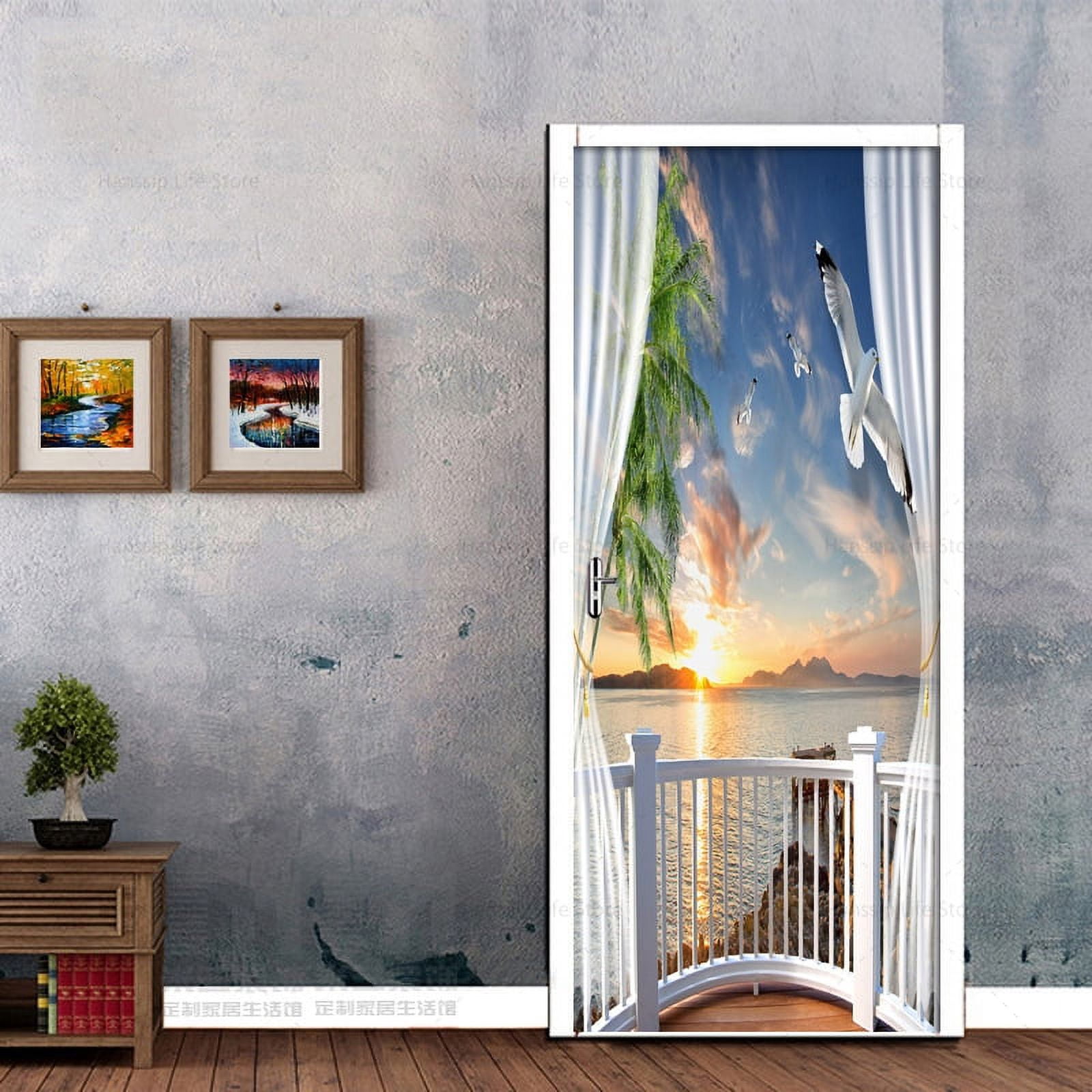 Natural Landscape 3D Door Stickers Mural Cover Vinyl PVC Forest/Sunset ...