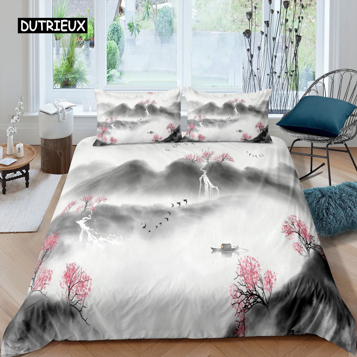 Natural Landscape King Duvet Cover Comic Ink Painting Style Bedding Set ...
