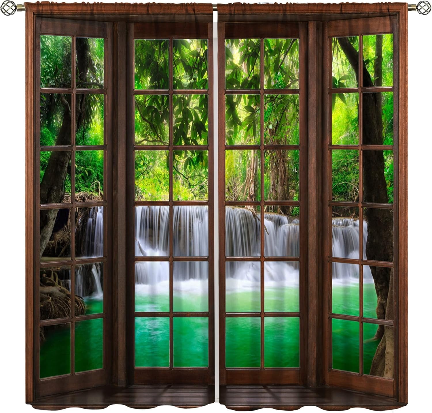 Natural Landscape Window Curtains, Spring Forest Waterfall Nature ...