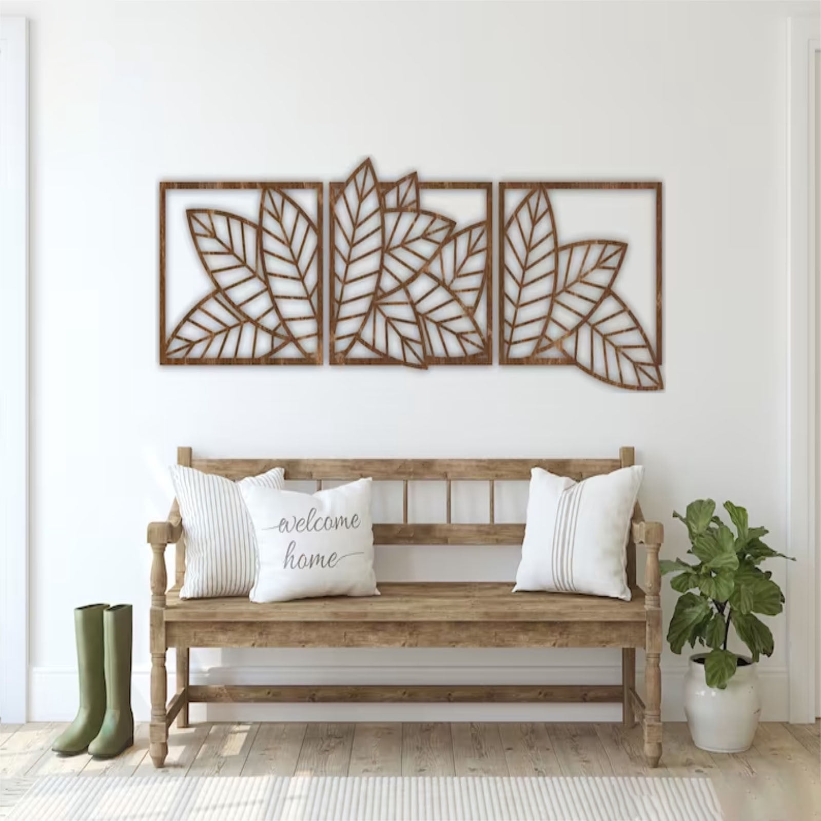 Natural Leaf Wall Hanging – 3 Panel MDF Botanical Wall Decor, Rustic ...