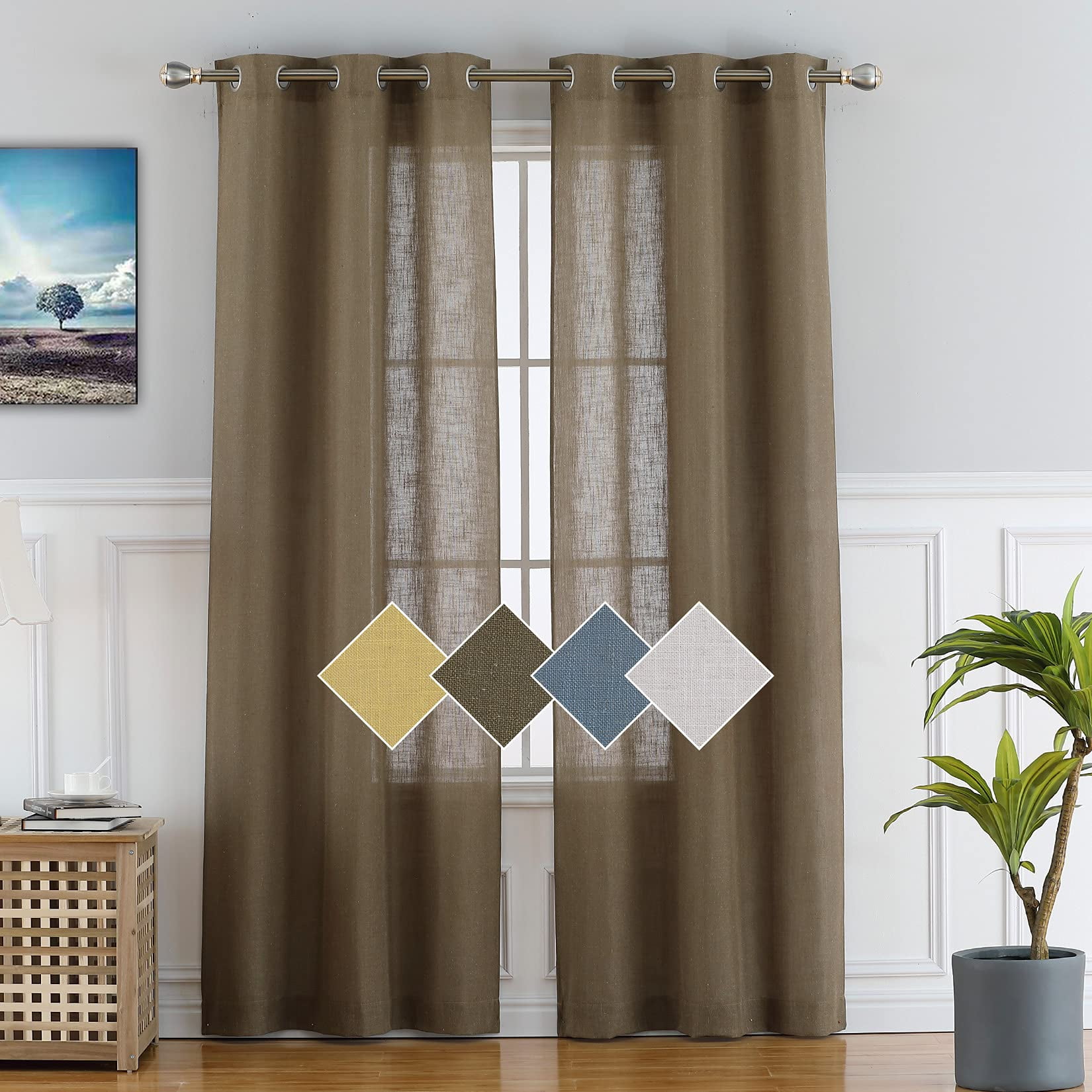 Natural Linen Blend Textured Grommet Window Curtain Panels for Kitchen ...