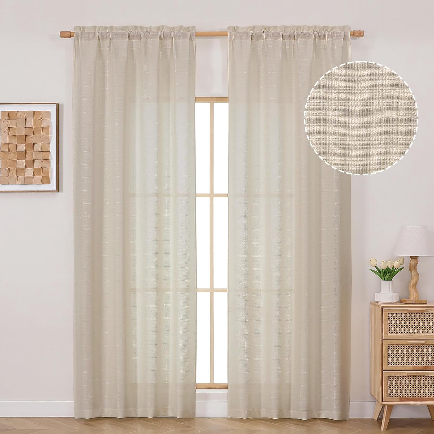 Natural Linen Curtains 84 Inch Length 2 Panels, Faux Linen Textured ...