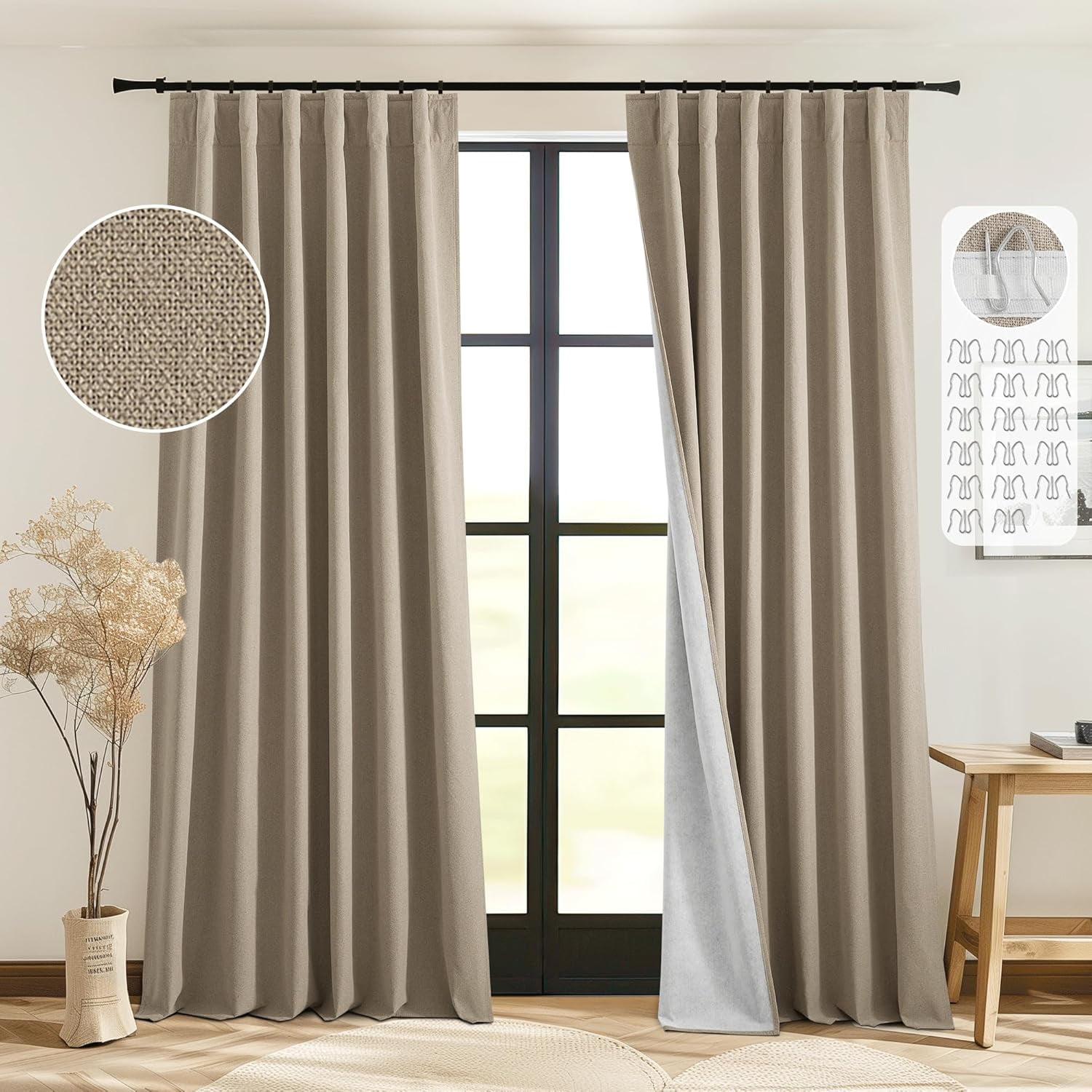 Natural Linen Curtains 90 Inches Long, 100% Blackout Curtains & Drapes ...