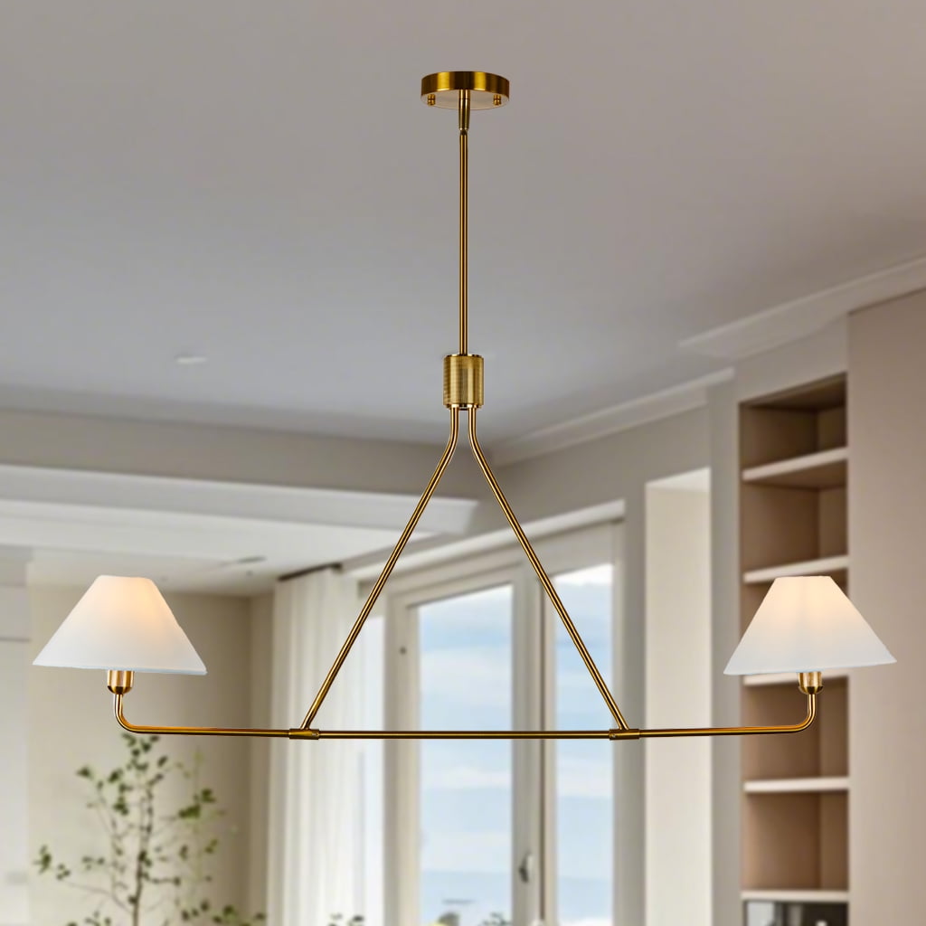Natural Linen Pendant Light, Brass Conical Light Fixture, 2-Light ...