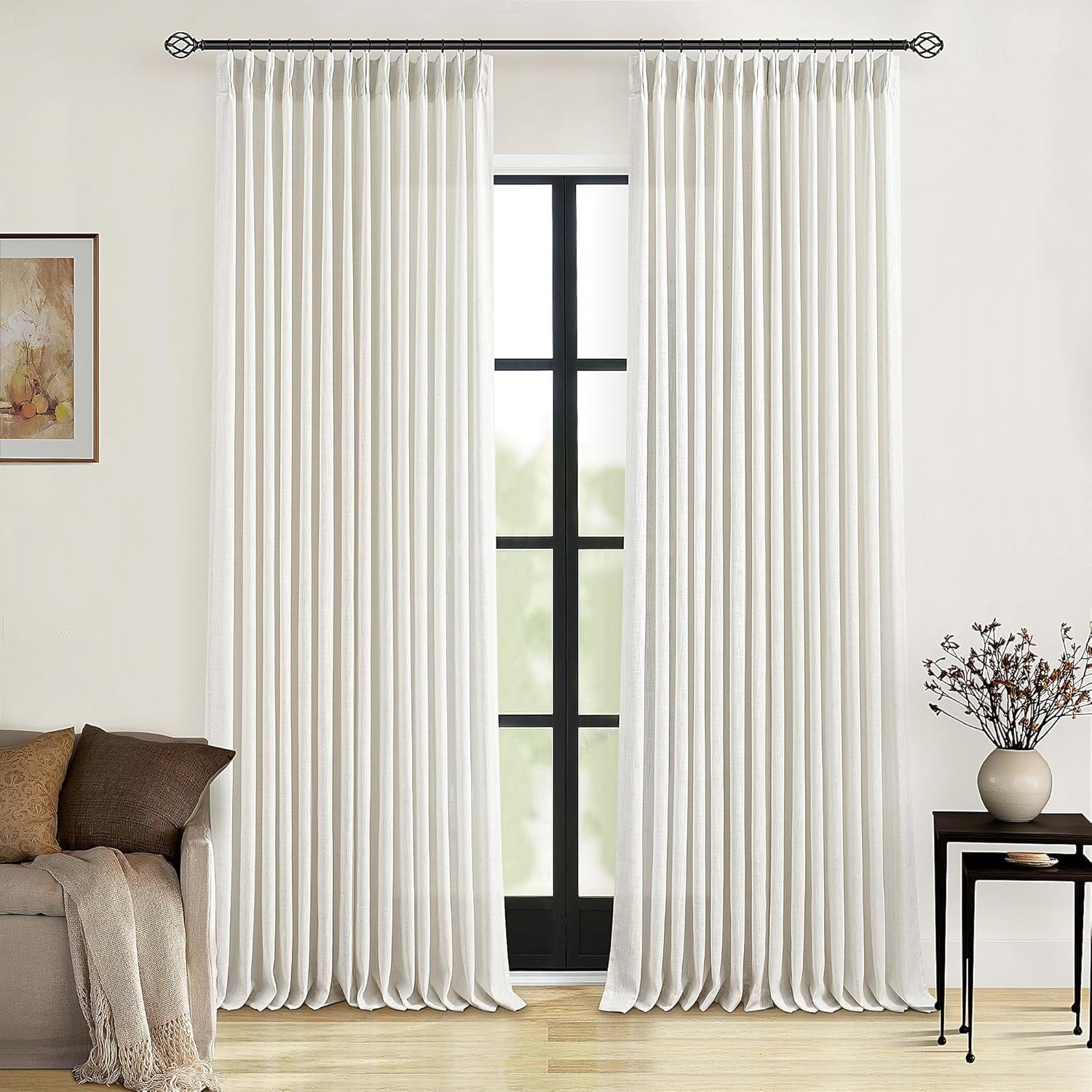 Natural Linen Pinch Pleated Curtains 120 Inches Long for Living Room ...