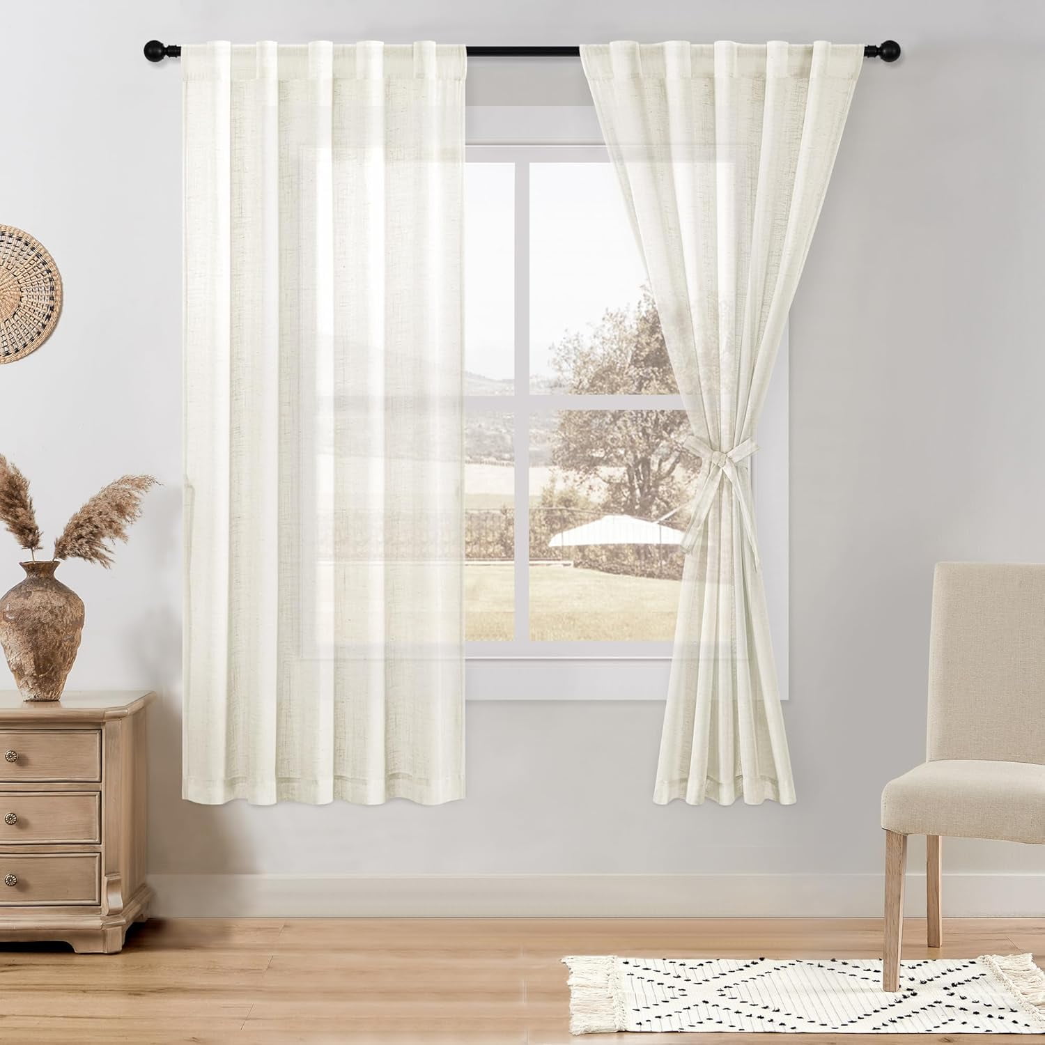 Natural Linen Sheer Curtains, Rod Pocket & Back Tab Linen Texture Semi ...