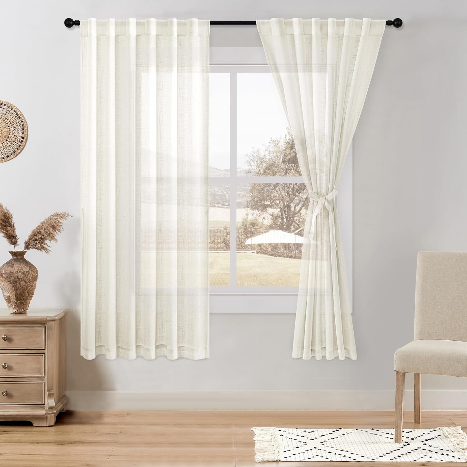 Natural Linen Sheer Curtains, Rod Pocket & Back Tab Linen Texture Semi ...