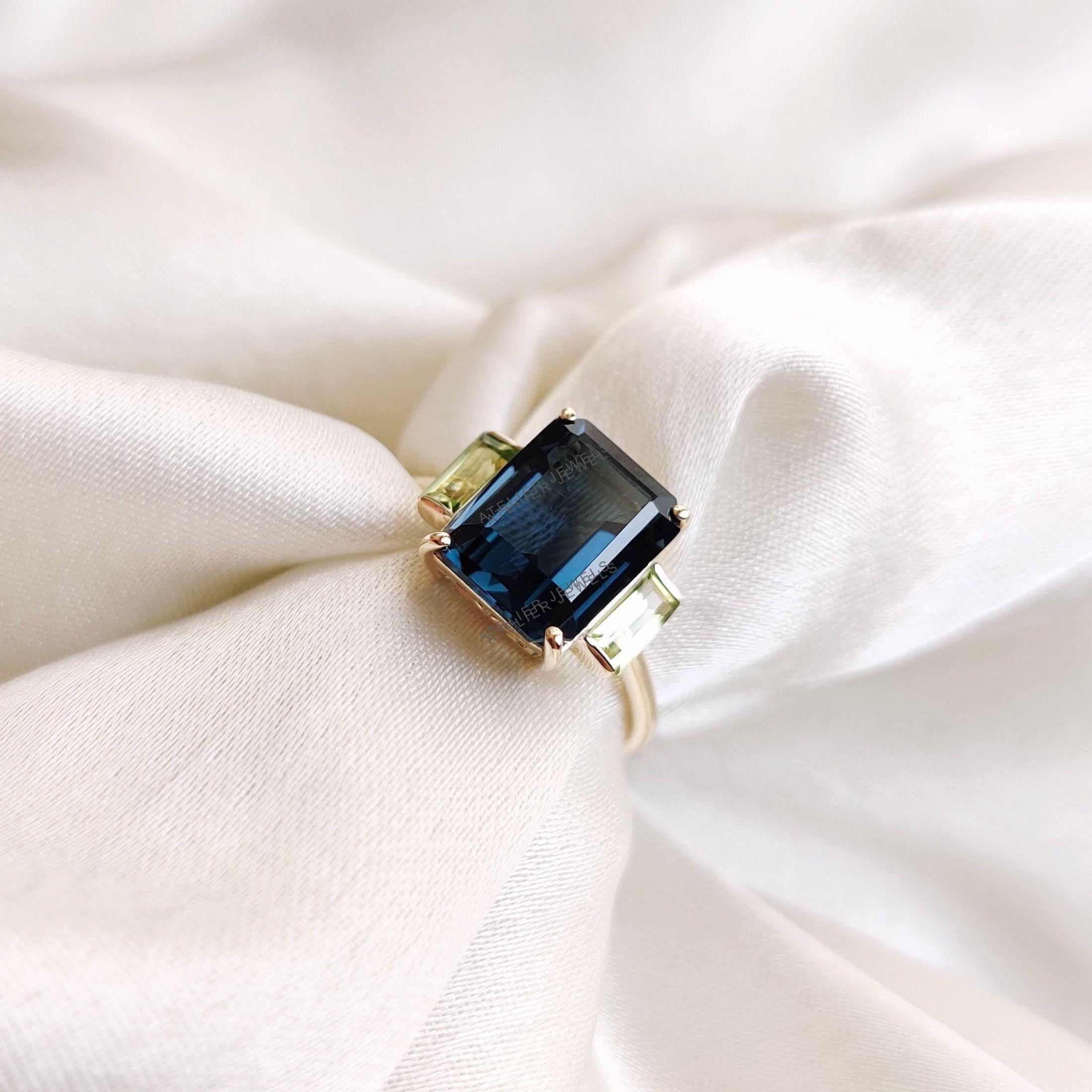 Natural London Blue Topaz & Peridot Ring, 14K Solid Yellow Gold Ring ...