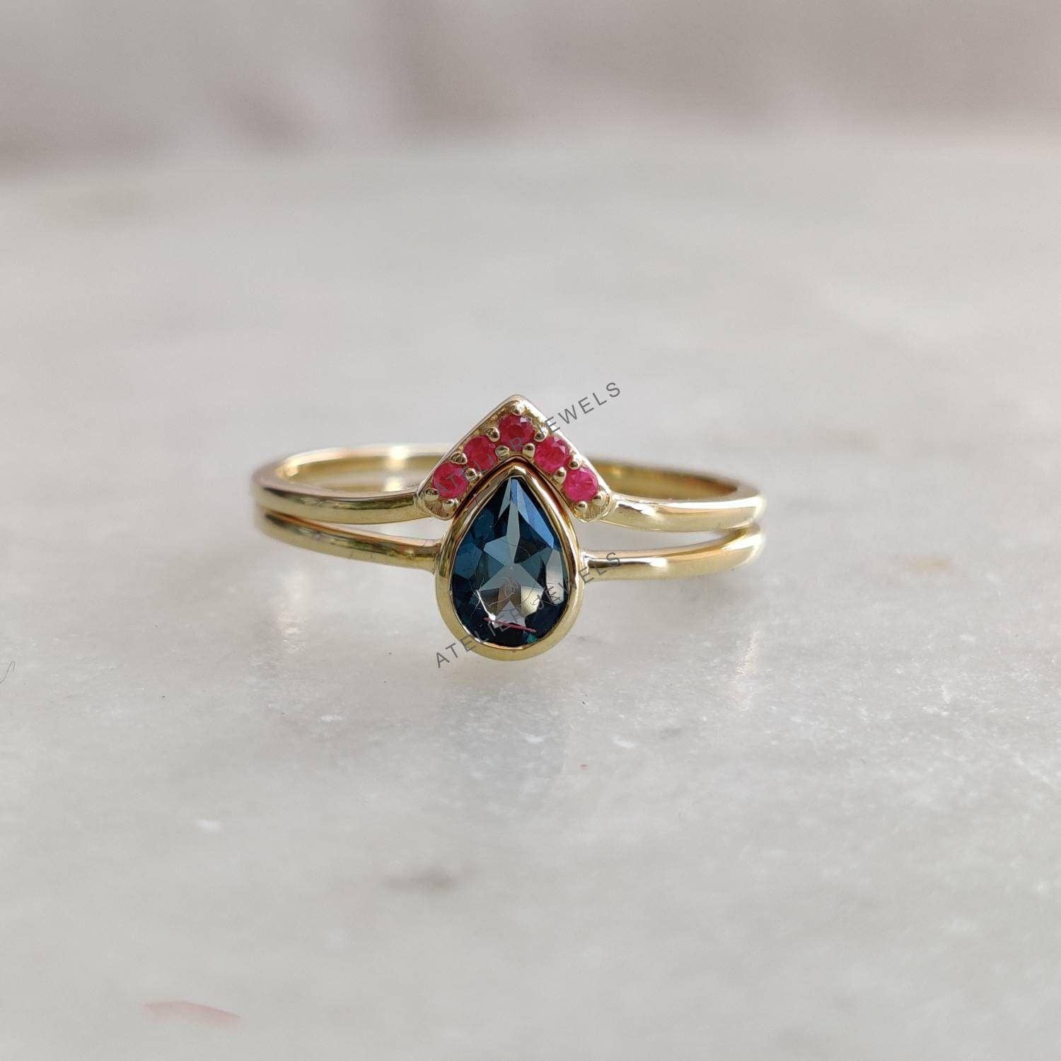 Natural London Blue Topaz & Ruby Ring, 14K Solid Yellow Gold Ring ...