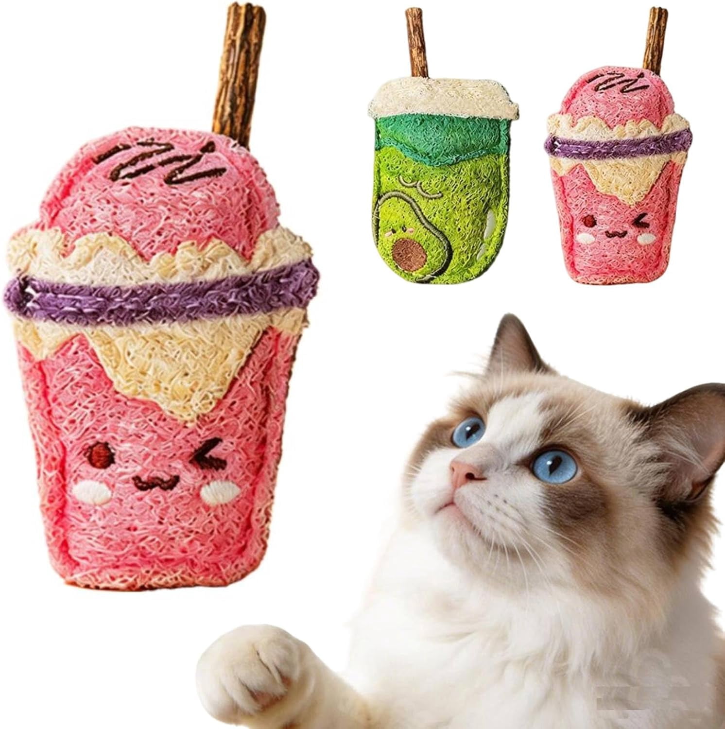 Natural Loofah Cat Toy, Milk Tea Cup Shape with Catnip & Silver Vine ...
